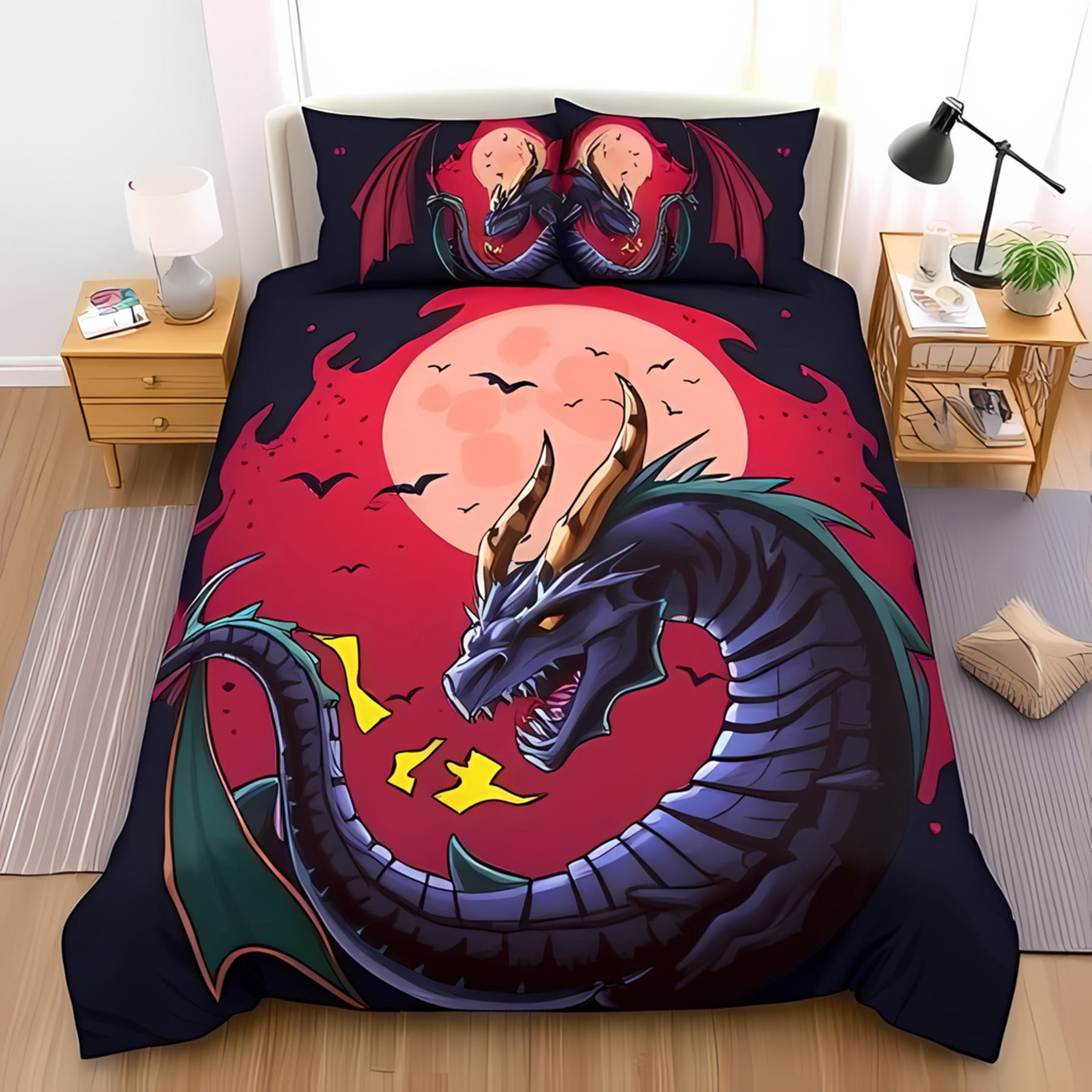 Vibrant Dragon Bedspread Set Bold Purple-Gray Dragon with Red Moon ...