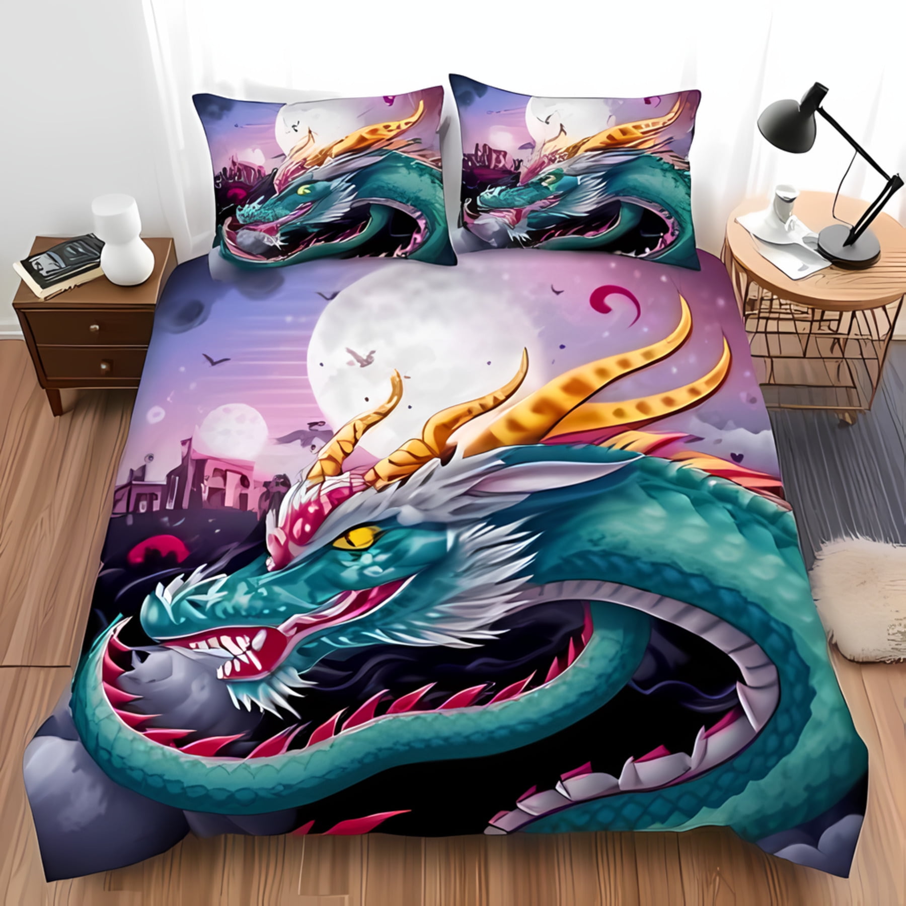 Vibrant Dragon Comforter Set Teal & Fantasy Bedding with Moonlit Night ...