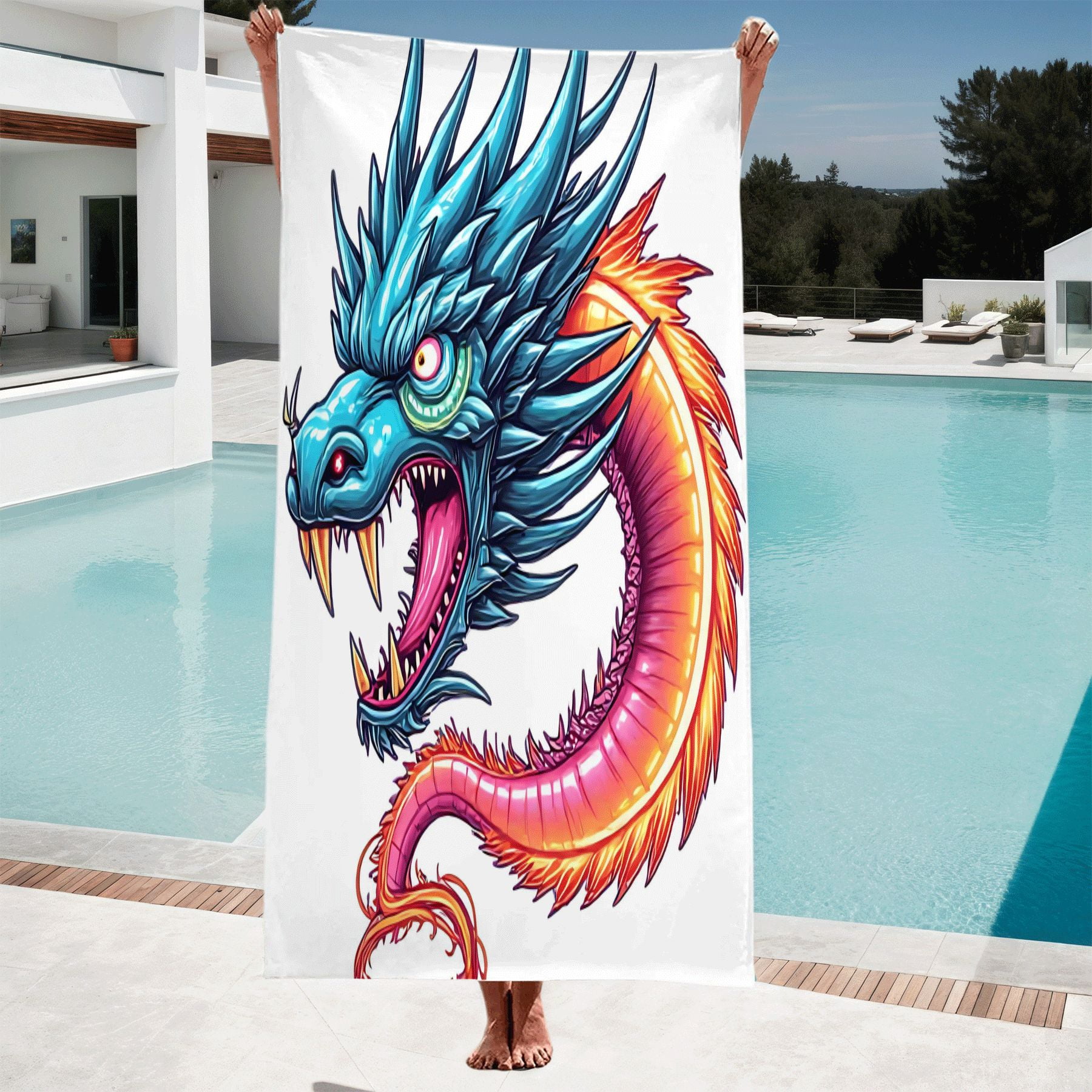 Vibrant Dragon Design Beach Towel - Bold Blue & Fiery Orange Gradient ...