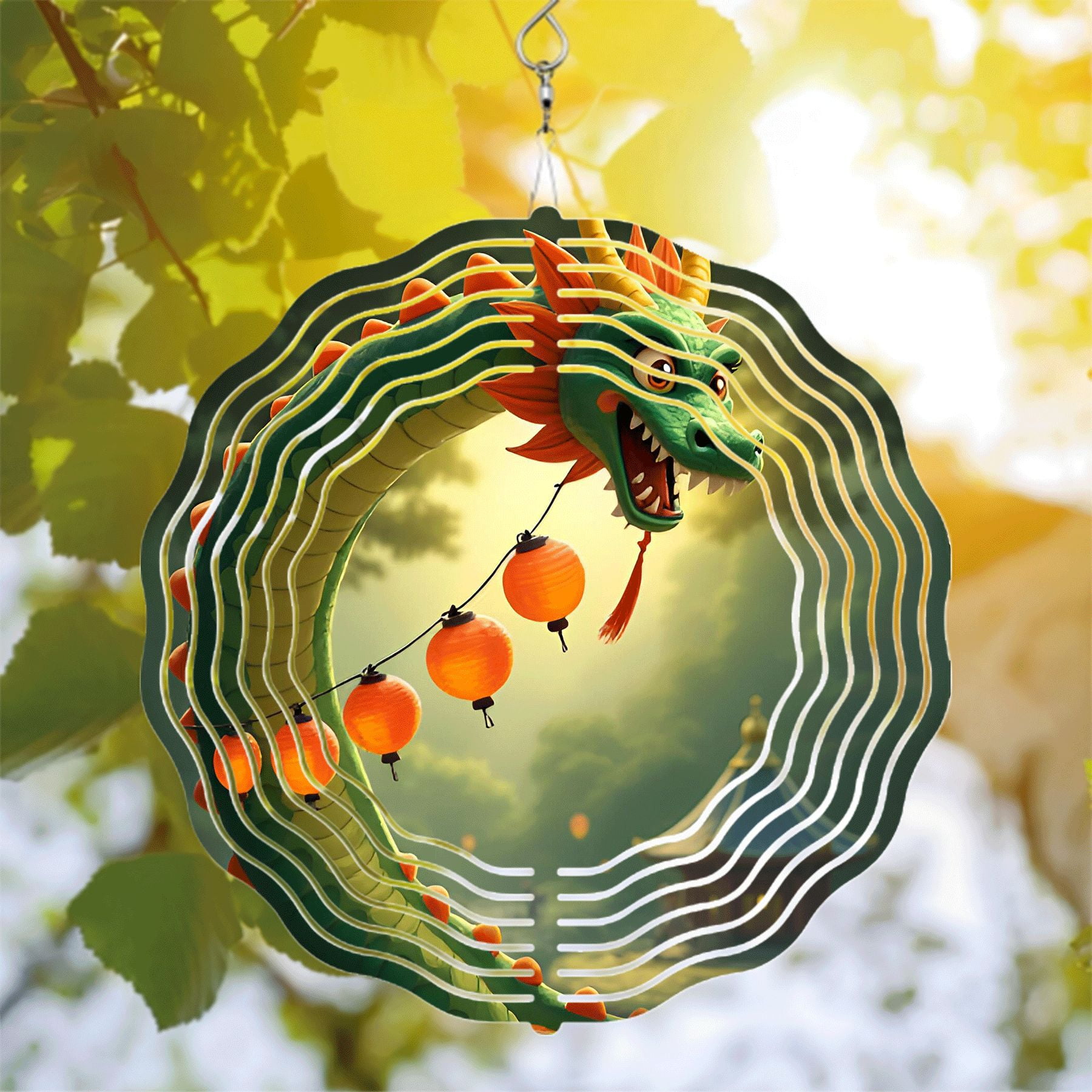Vibrant Dragon Metal Wind Spinner & Chime - Green Scales Red Accents ...