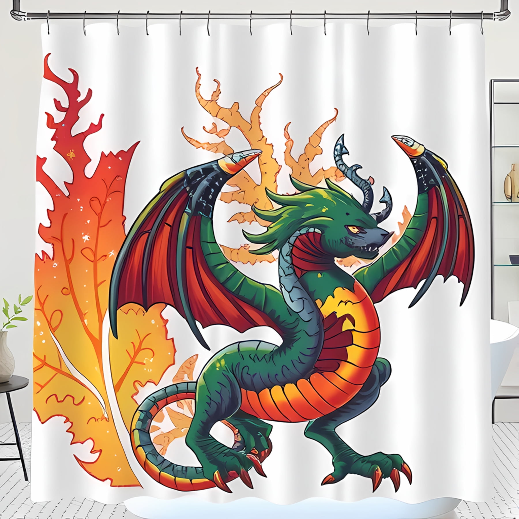 Vibrant Dragon Shower Curtain - Animated Green Scales & Fiery Accents ...