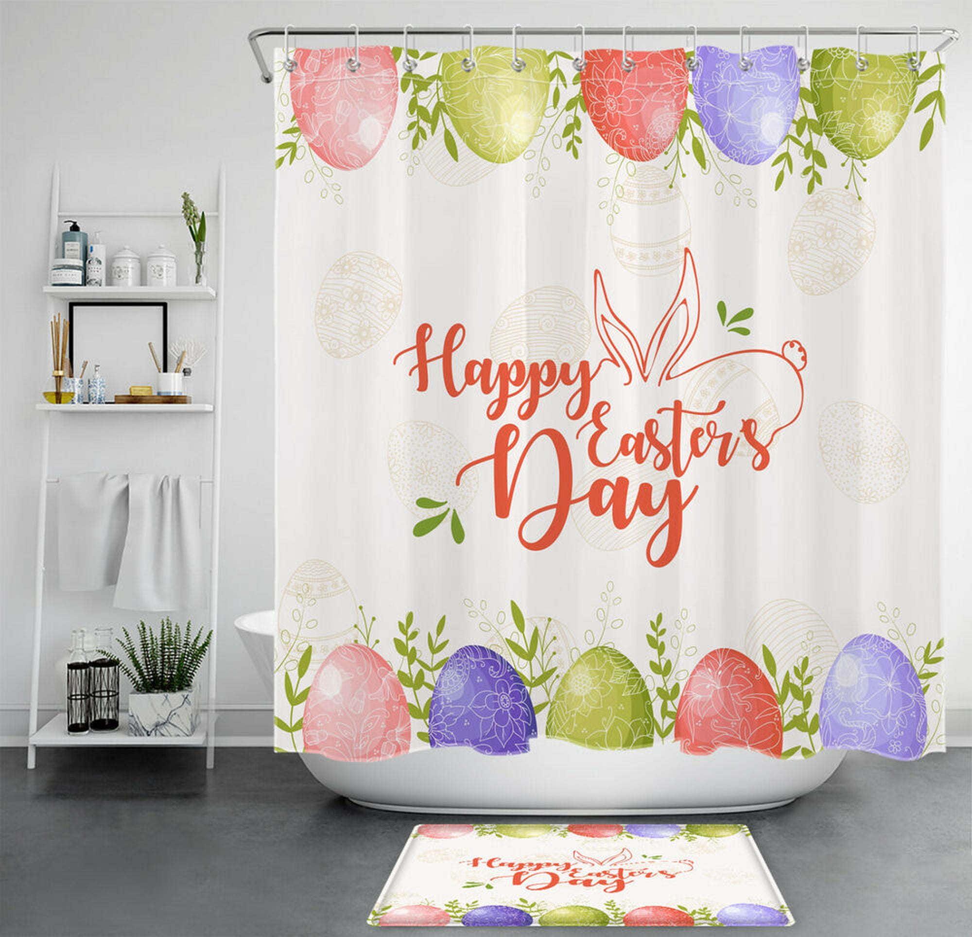 Happy Easter Colorful Eggs Green Leaves Shower Curtains For Bathroom ...
