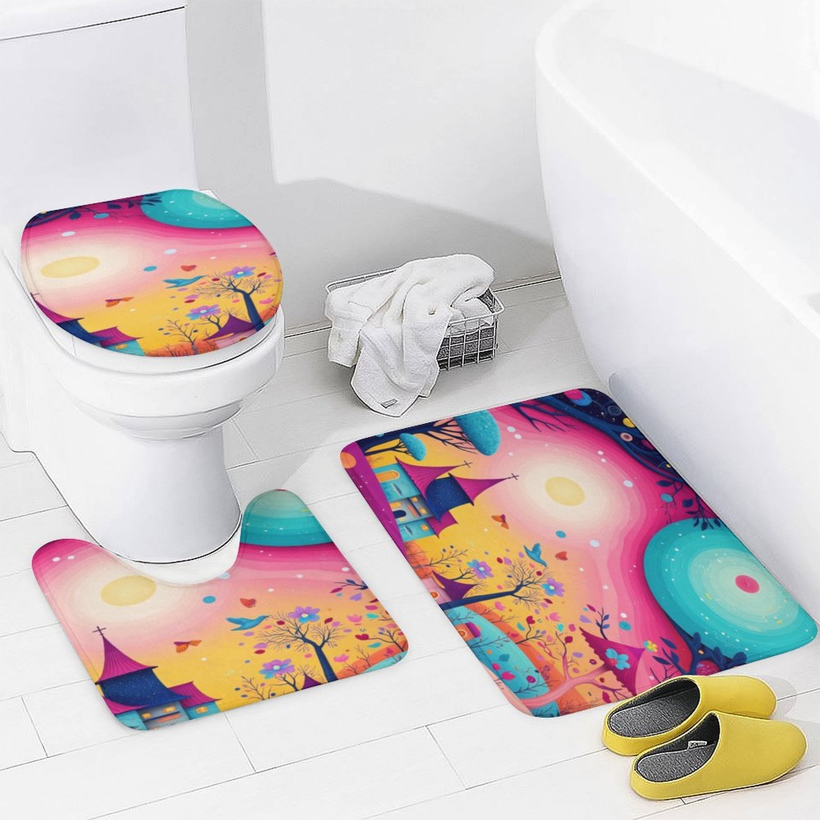 Vibrant Fantasy Village Scene Bathroom Mats Sets 3 Piece, Bath Mat ...