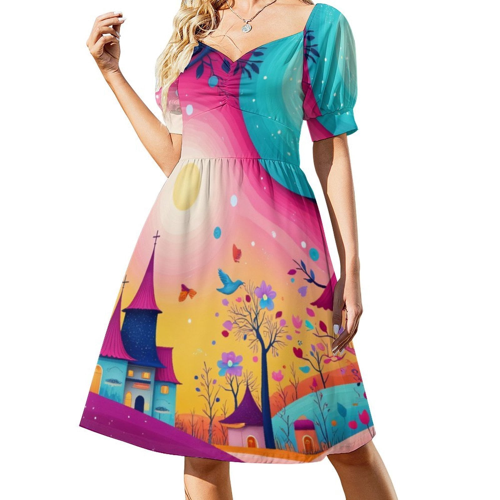 Vibrant Fantasy Village Scene Summer Women's Dress 2025 Elegant Dresses ...