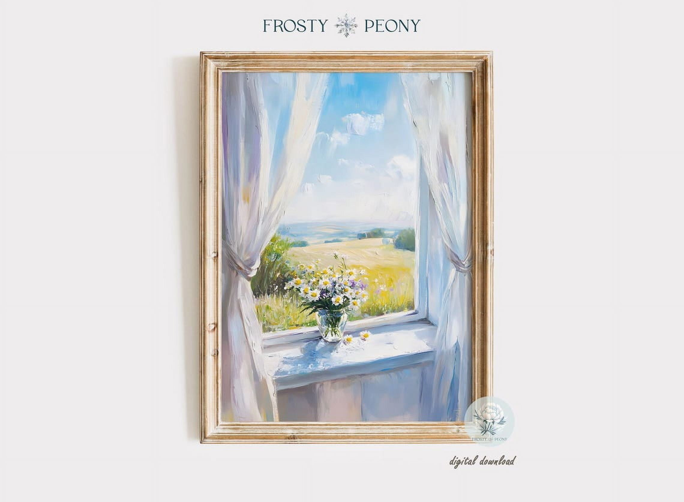 Vibrant Farmhouse Window View Art Print, Countryside Floral Landscape ...