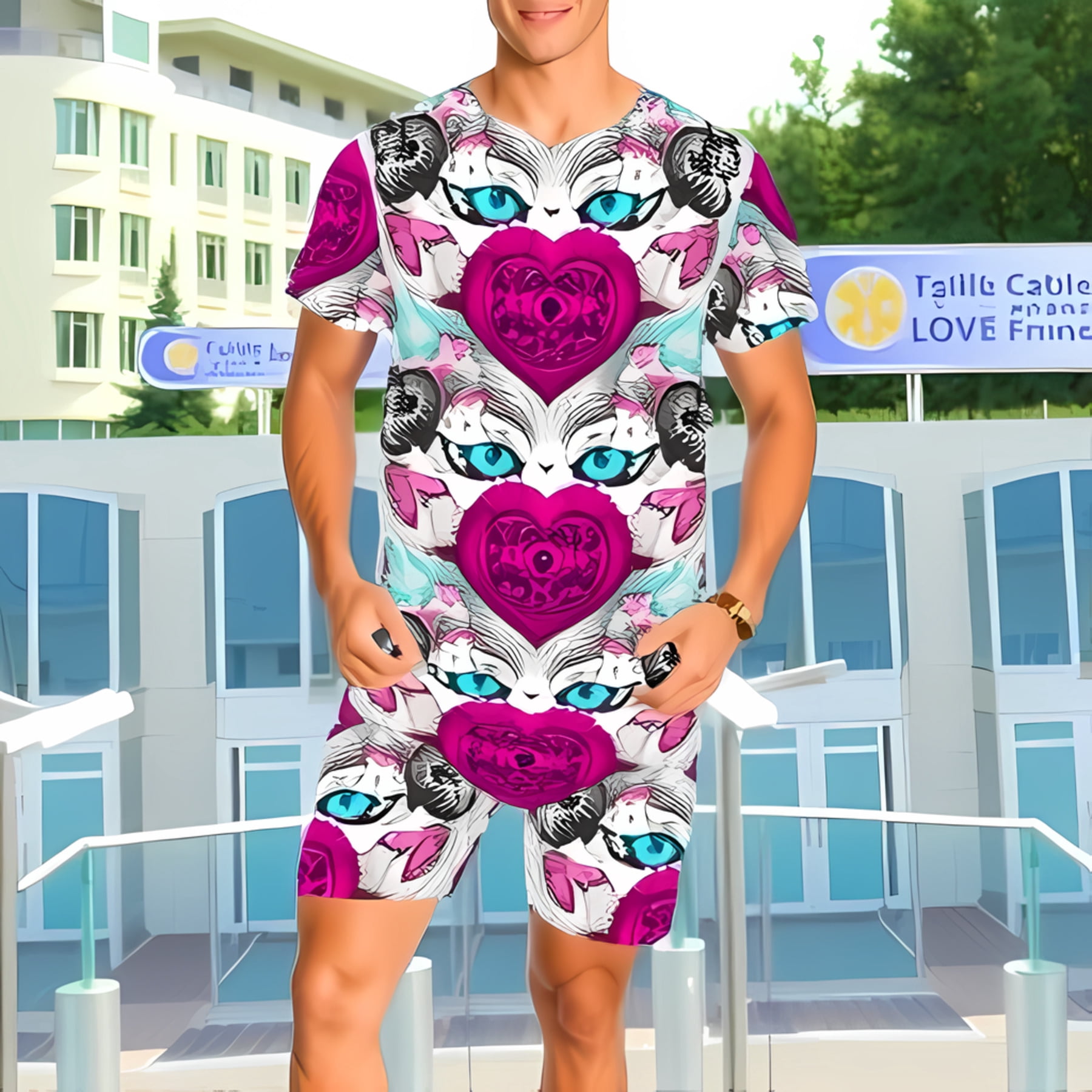 Vibrant Feline Faces & Pink Hearts T-Shirt and Shorts Set - Whimsical ...