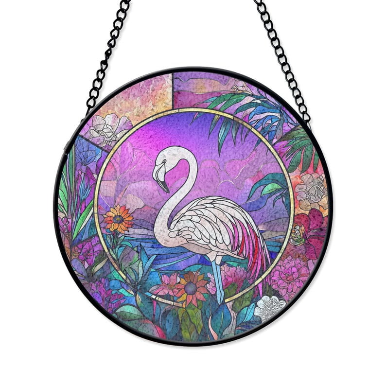 Vibrant Flamingo Stained Glass Window Panel with Tropical Floral Design ...