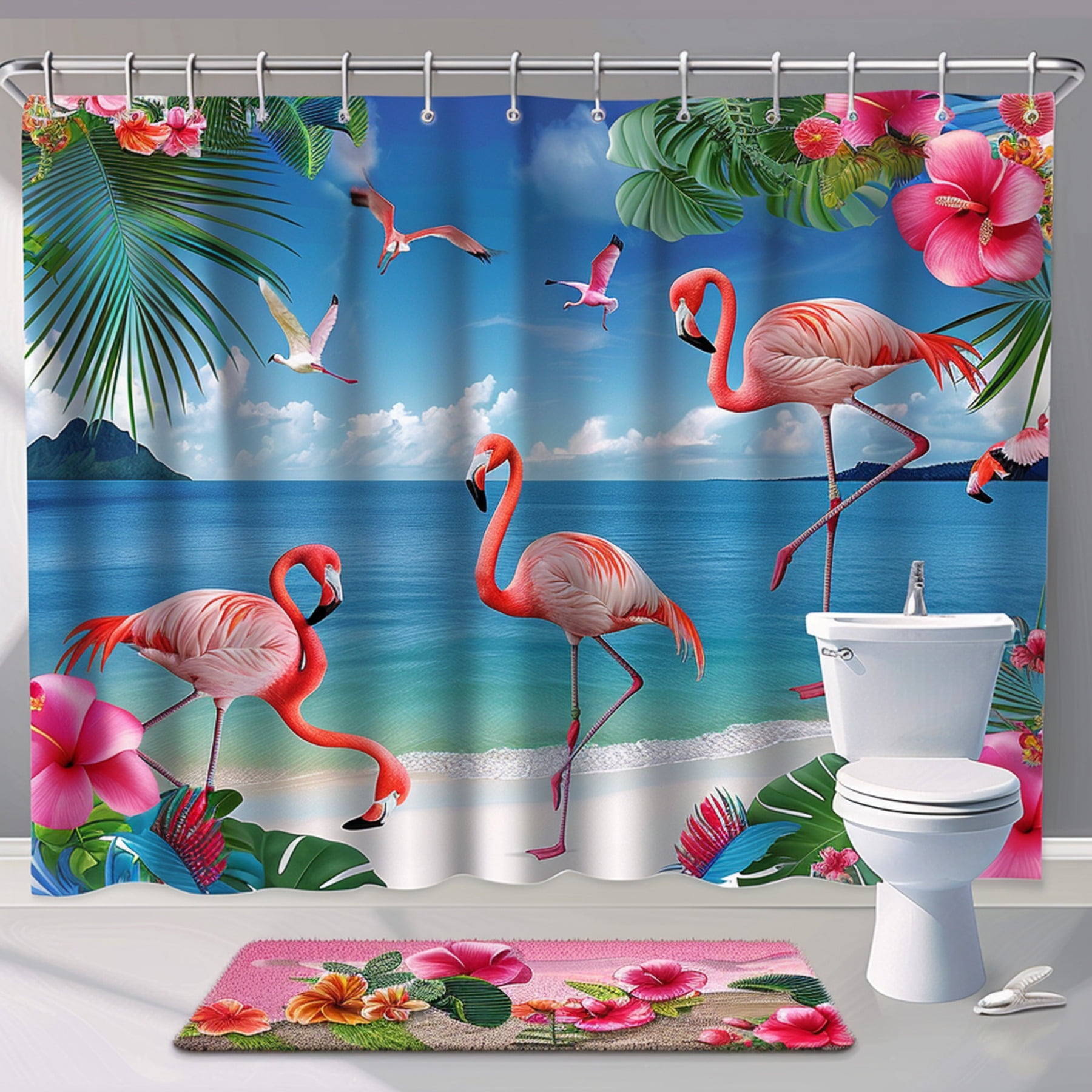 Vibrant Flamingos Bathroom Set with Hyper Realistic Details Shower ...