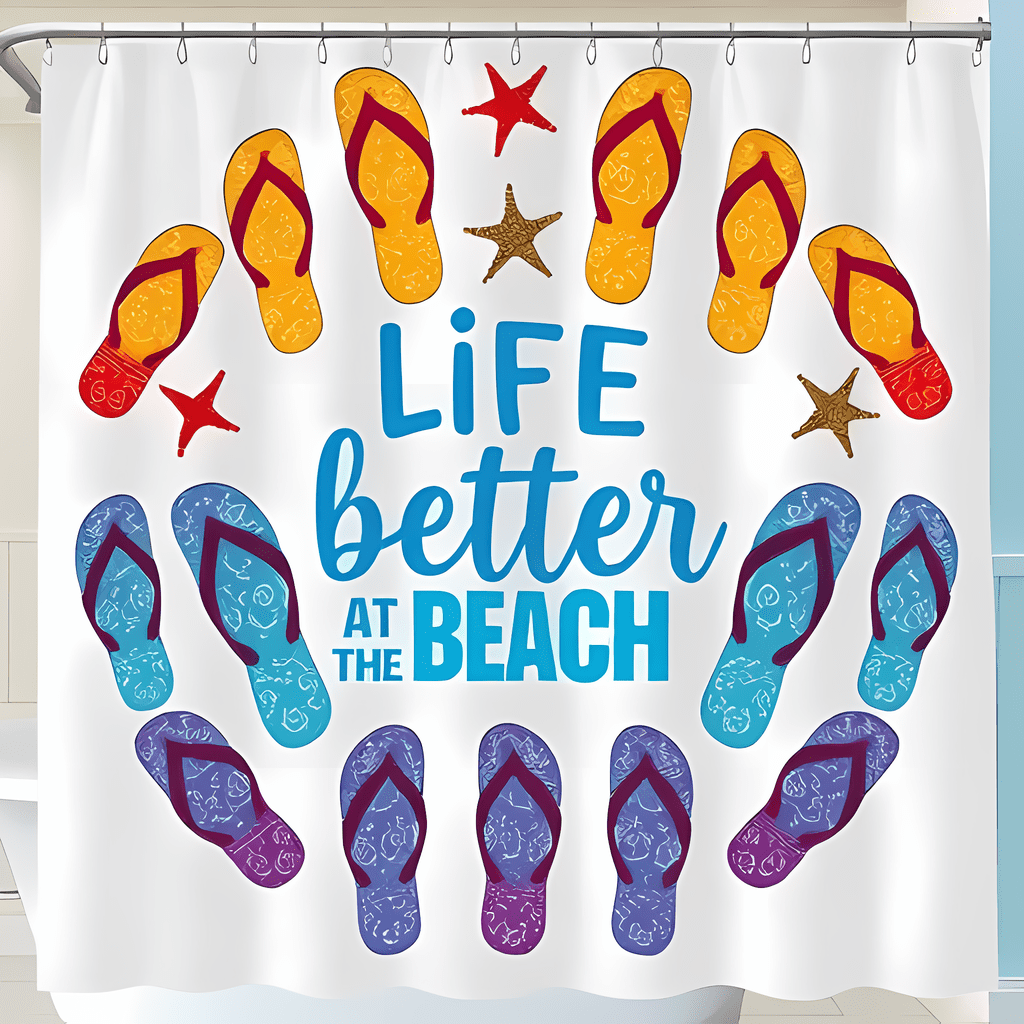 Vibrant Flip-Flop Shower Curtain with Starfish - "Life Better at the ...