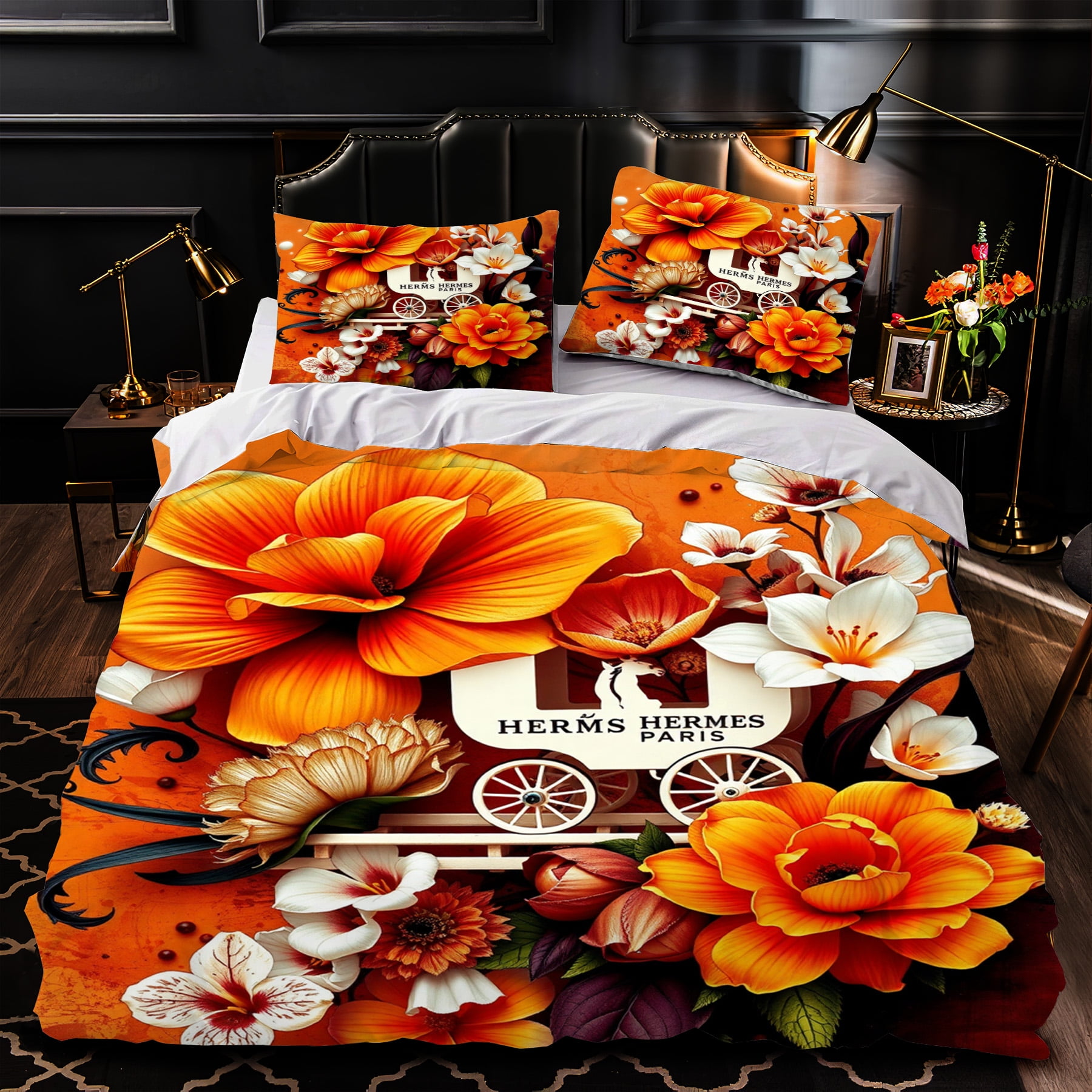 Vibrant Floral 3-Piece Duvet Cover Set - Large Orange & White Flower Pattern on Orange ...