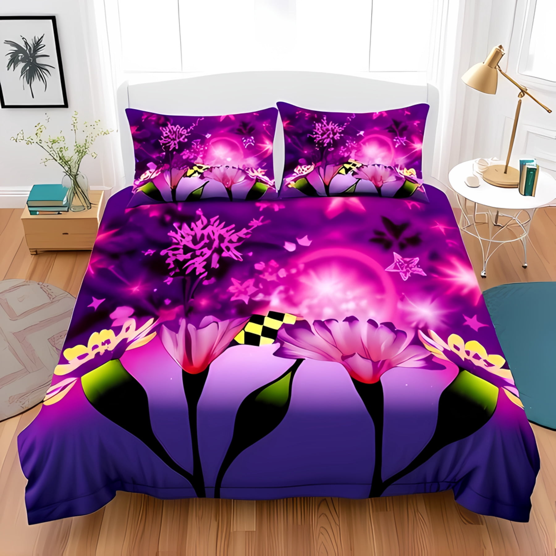 Vibrant Floral 3-Piece Duvet Cover Set - Purple Background with Pink ...