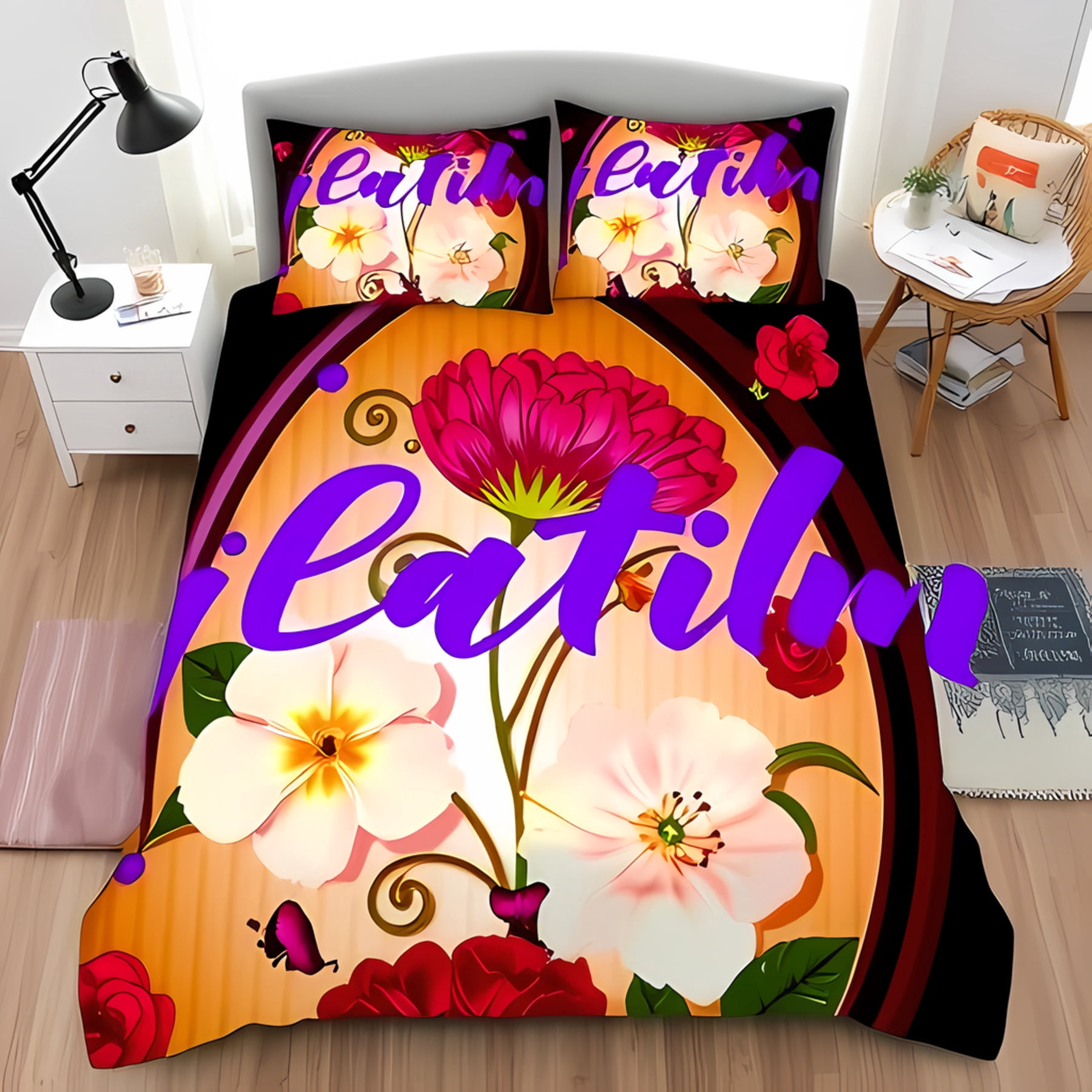 Vibrant Floral 3-Piece Duvet Cover Set with Bold Blooms & Matching ...