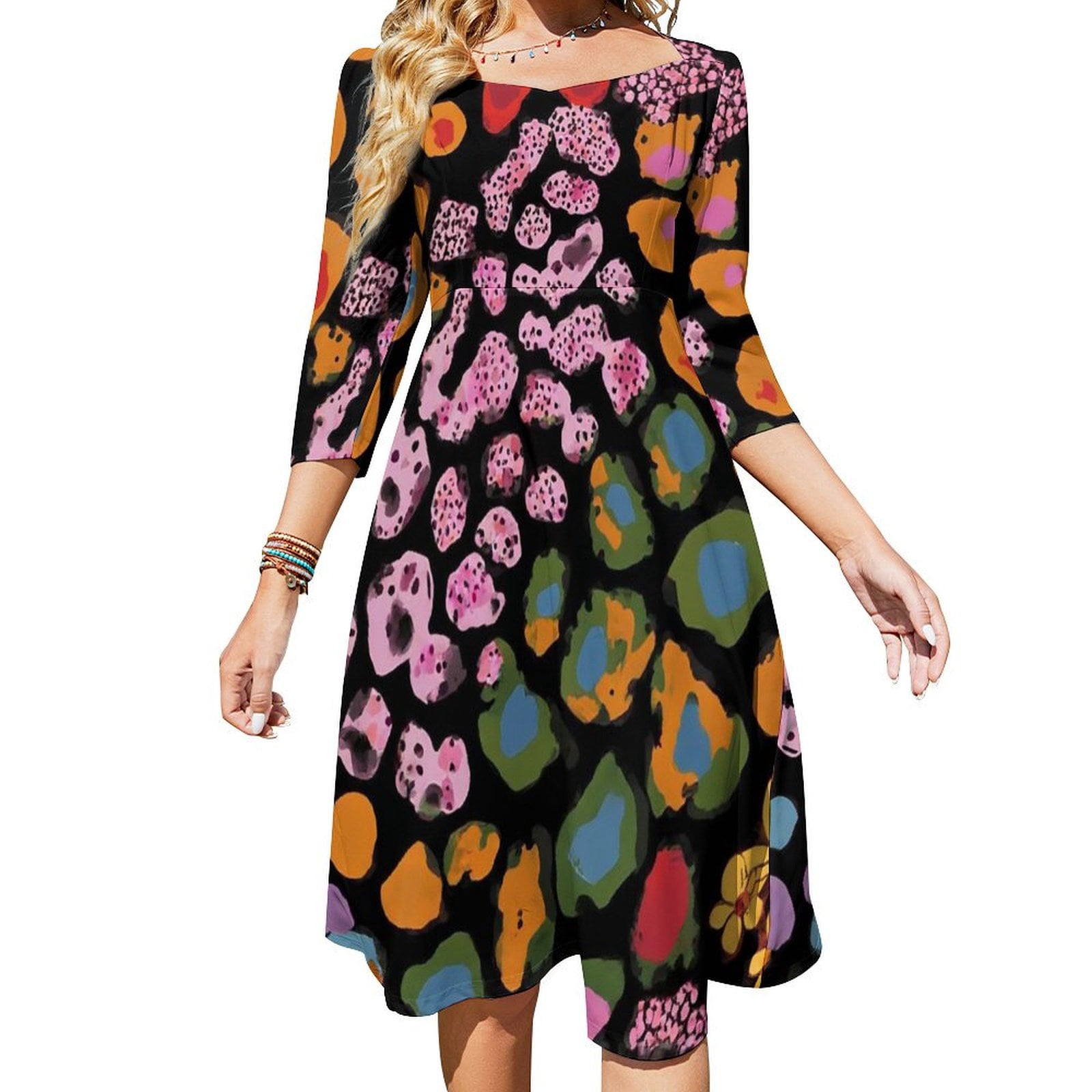 Vibrant Floral Animal Print Flare Dress Square Neck Dress Elegant ...