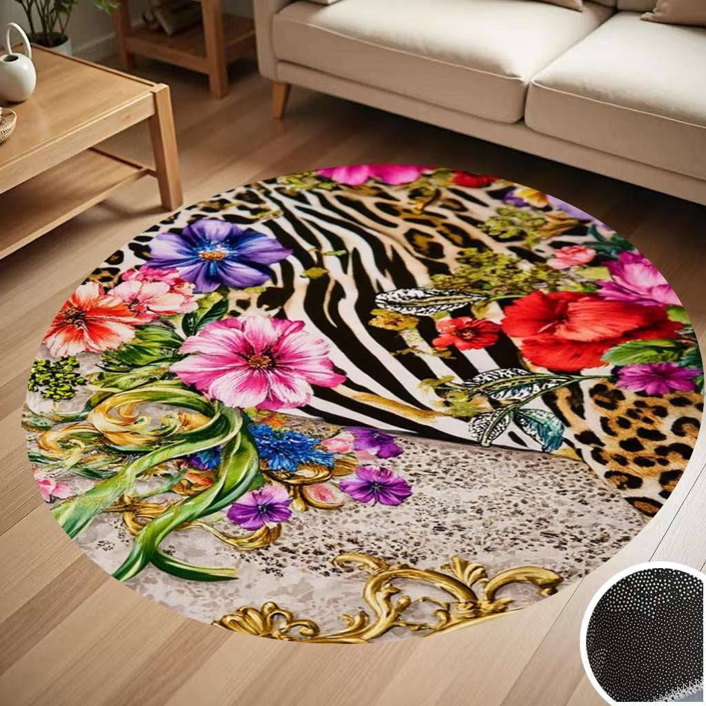 Vibrant Floral Animal Print Textile Round Carpet Living Room Bedroom ...