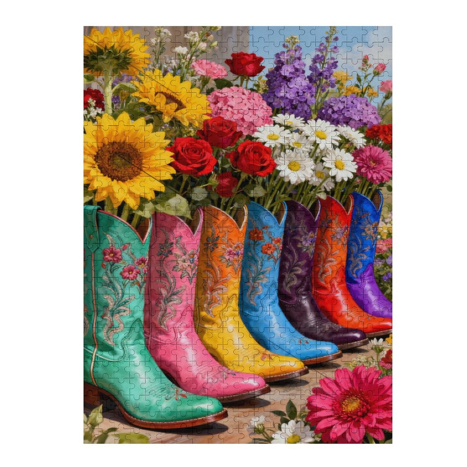 Vibrant Floral Arrangement in Colorful Cowboy Boots Wooden Jigsaw ...