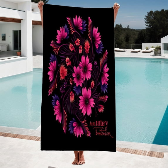 Vibrant Floral Beach Towel - Pink & Purple Flowers Black Perfect for ...