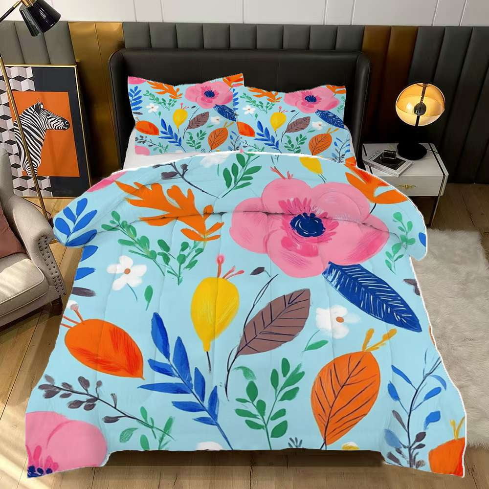 Vibrant Floral Blue Background Design Comforter Set Full Size Bedding ...