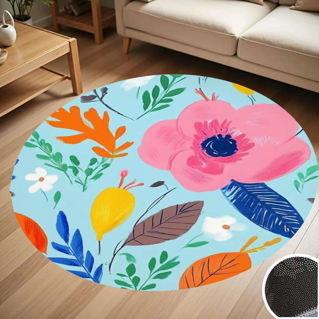 Vibrant Floral Blue Background Design Round Carpet Living Room Bedroom ...