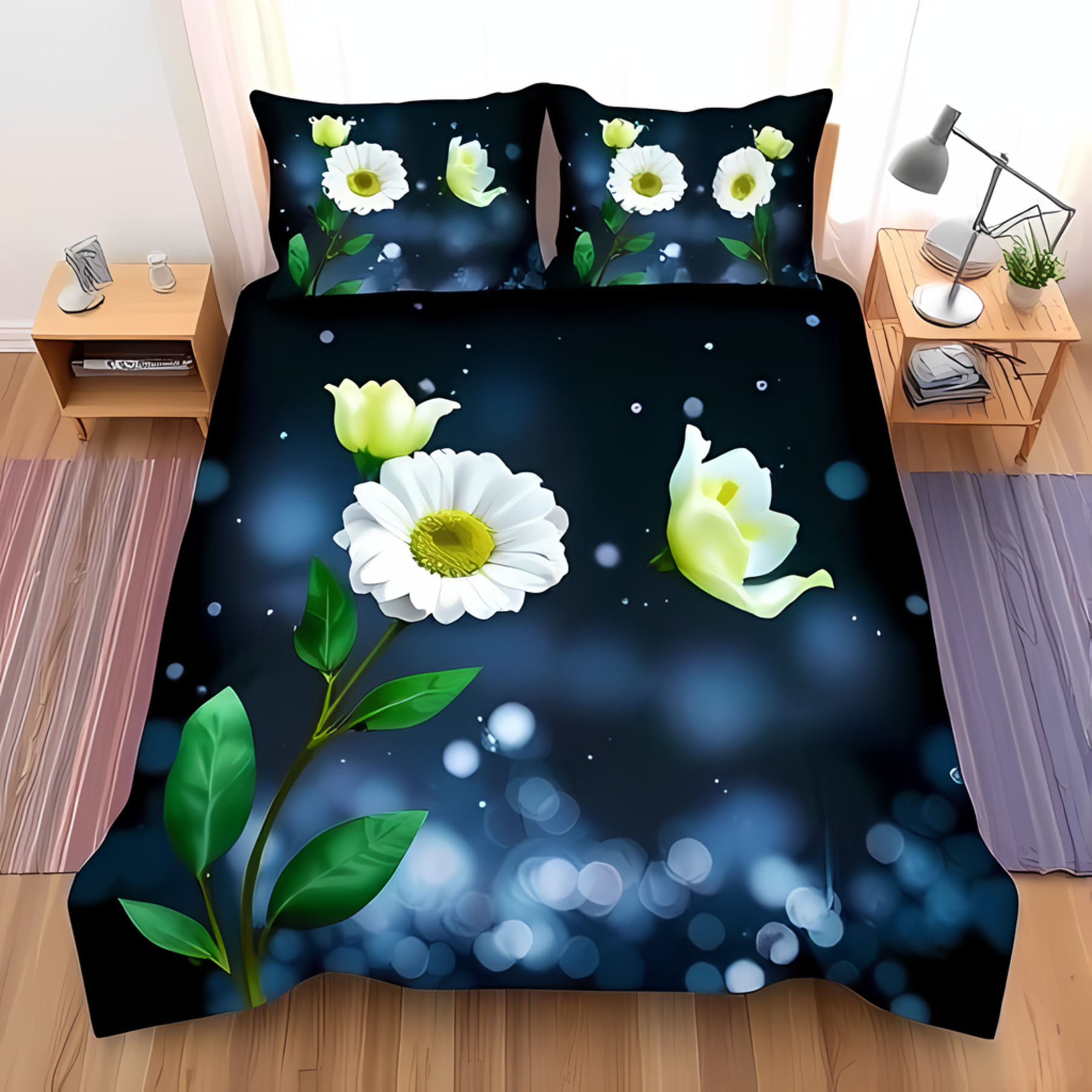 Vibrant Floral Blue Bedding Set with Daisies & Lilies - Complete with ...