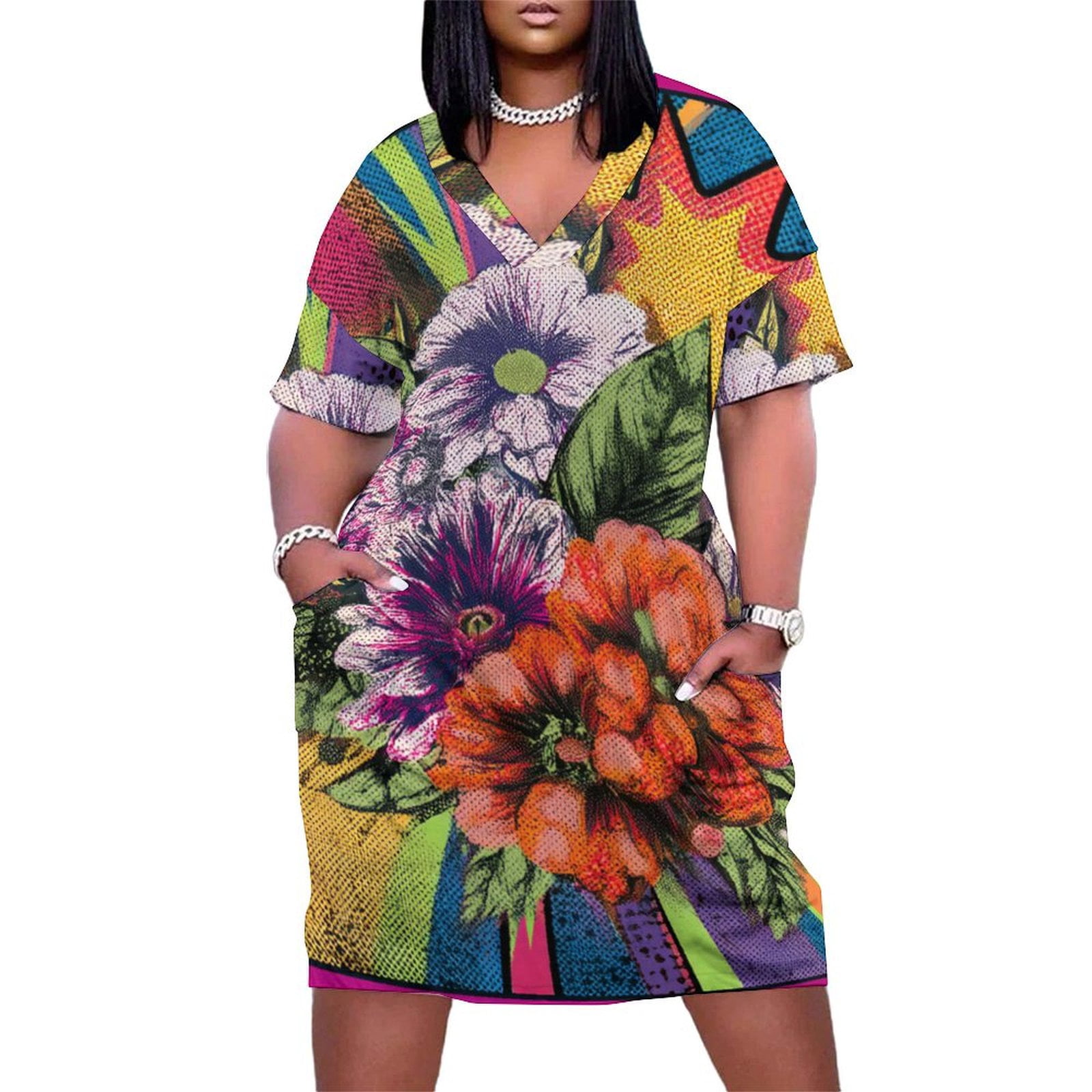 Vibrant Floral Bouquet Pop Art Burst Women's Summer Short Sleeve Casual ...