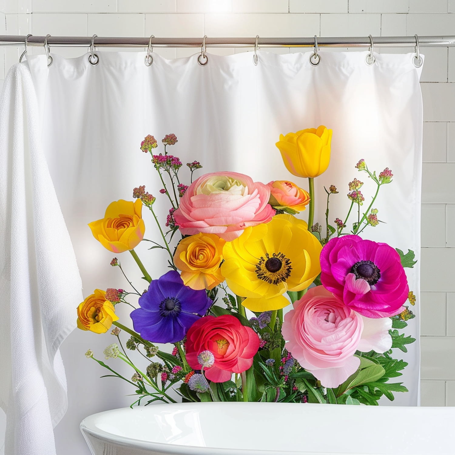 Vibrant Floral Bouquet Shower Curtain - Bright Colors Yellow Tulips ...