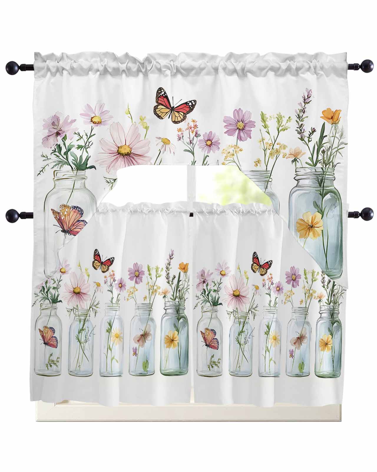 Vibrant Floral and Butterfly Kitchen Curtains Sets 24 Inch Length with ...