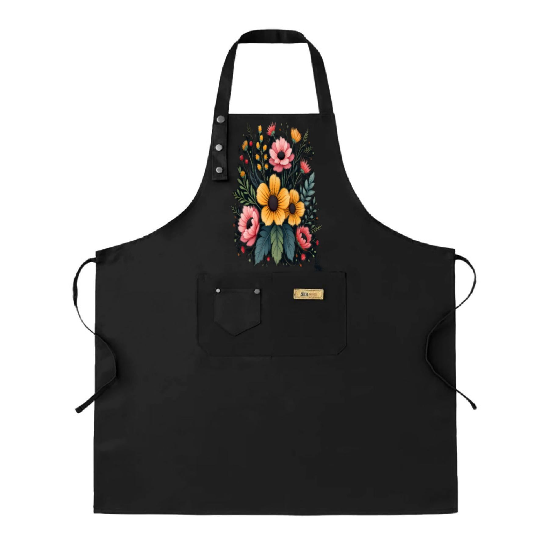 Vibrant Floral Design Black Bib Apron - 2 Pack Adjustable Kitchen Chef ...