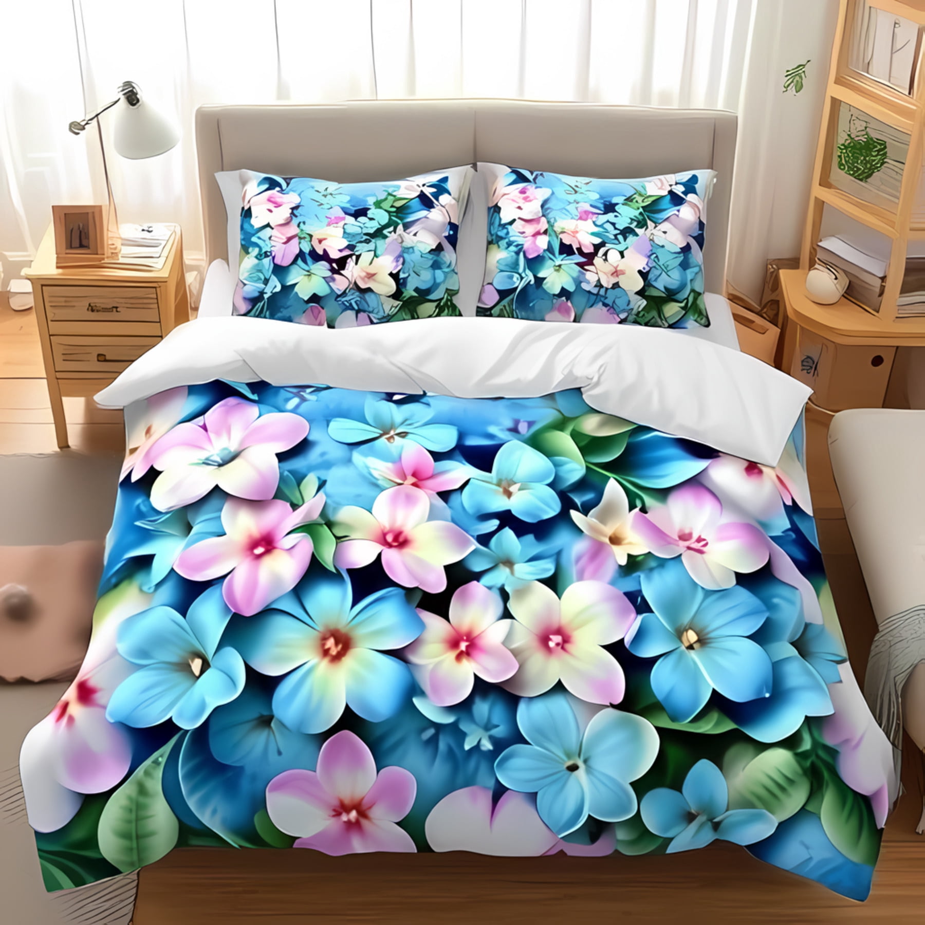 Vibrant Floral Duvet Cover Set Soft Pink Blue & White Plumeria - Cozy ...