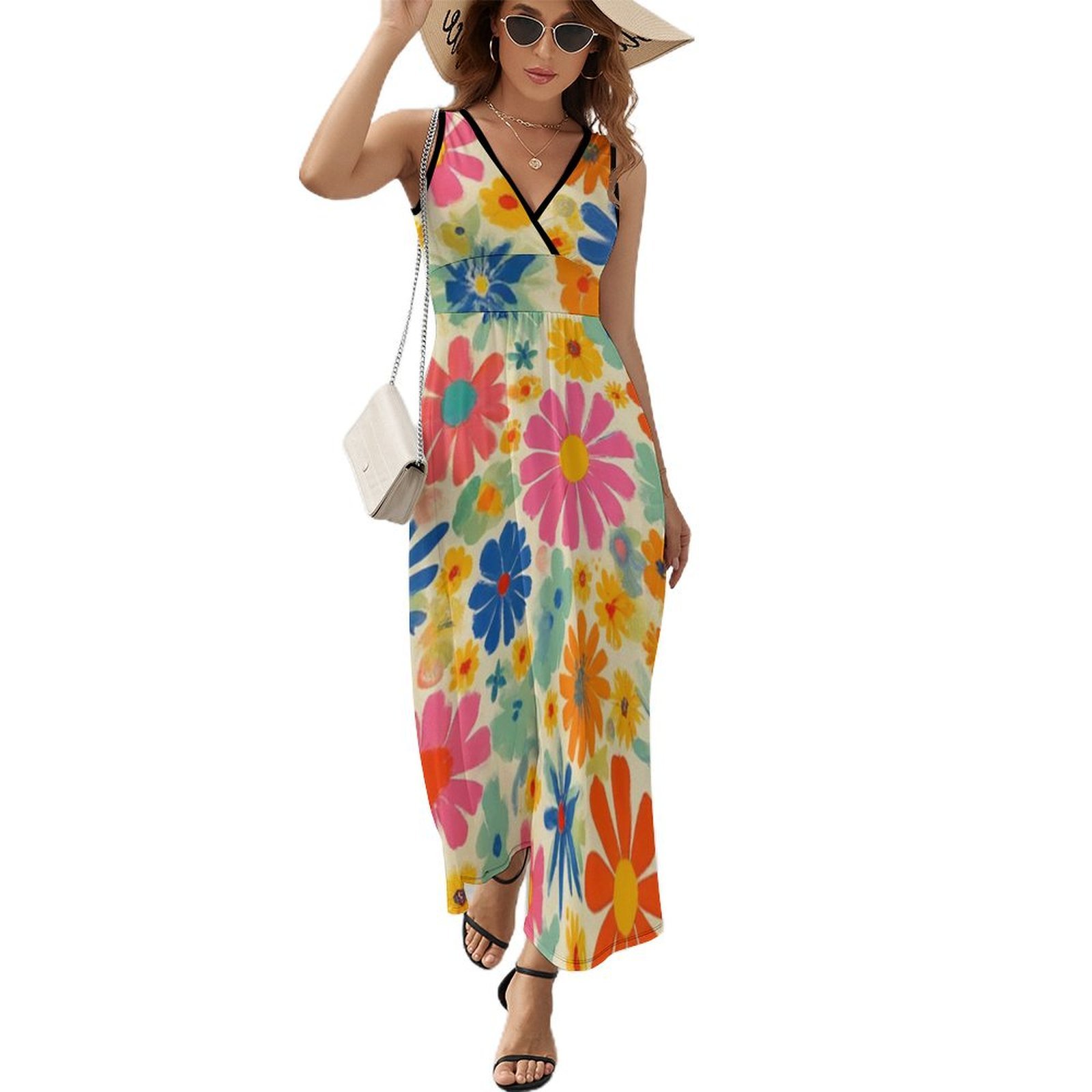 Vibrant Floral Framed Artwork Print Dress Fashion Boho Beach Long ...