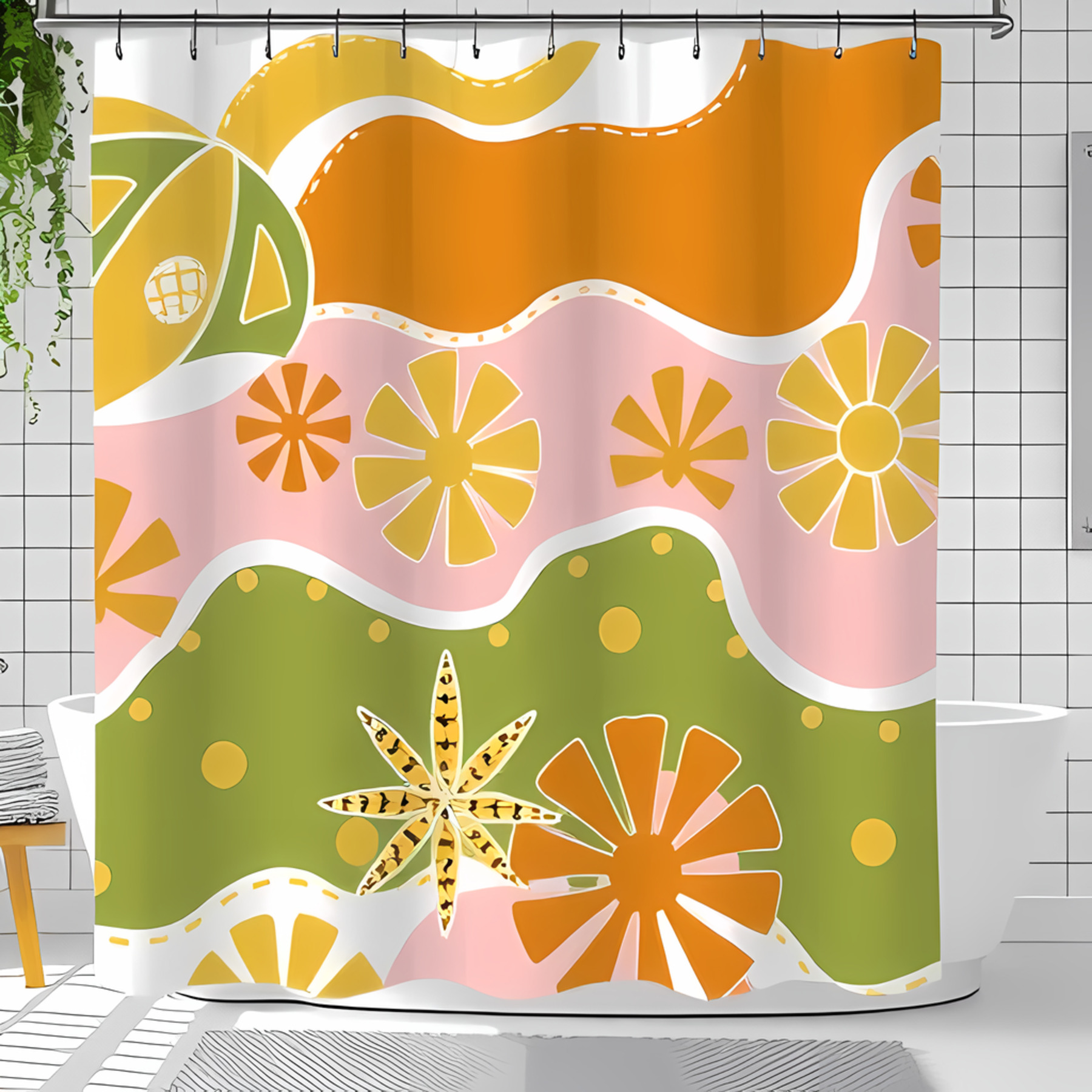 Vibrant Floral & Geometric Pattern Shower Curtain - Colorful Pastel ...