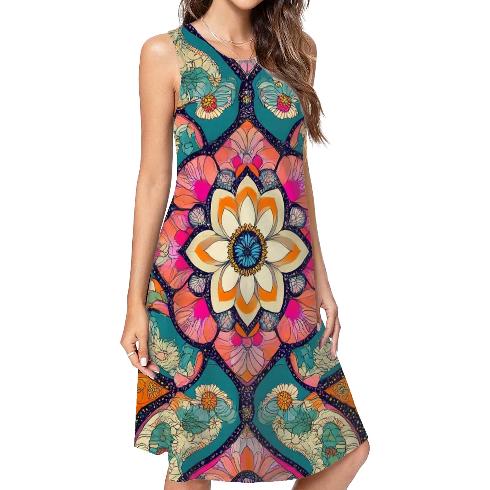 Vibrant Floral Mandala Pattern Dress Loose Women'S Dress Beach Dresses ...