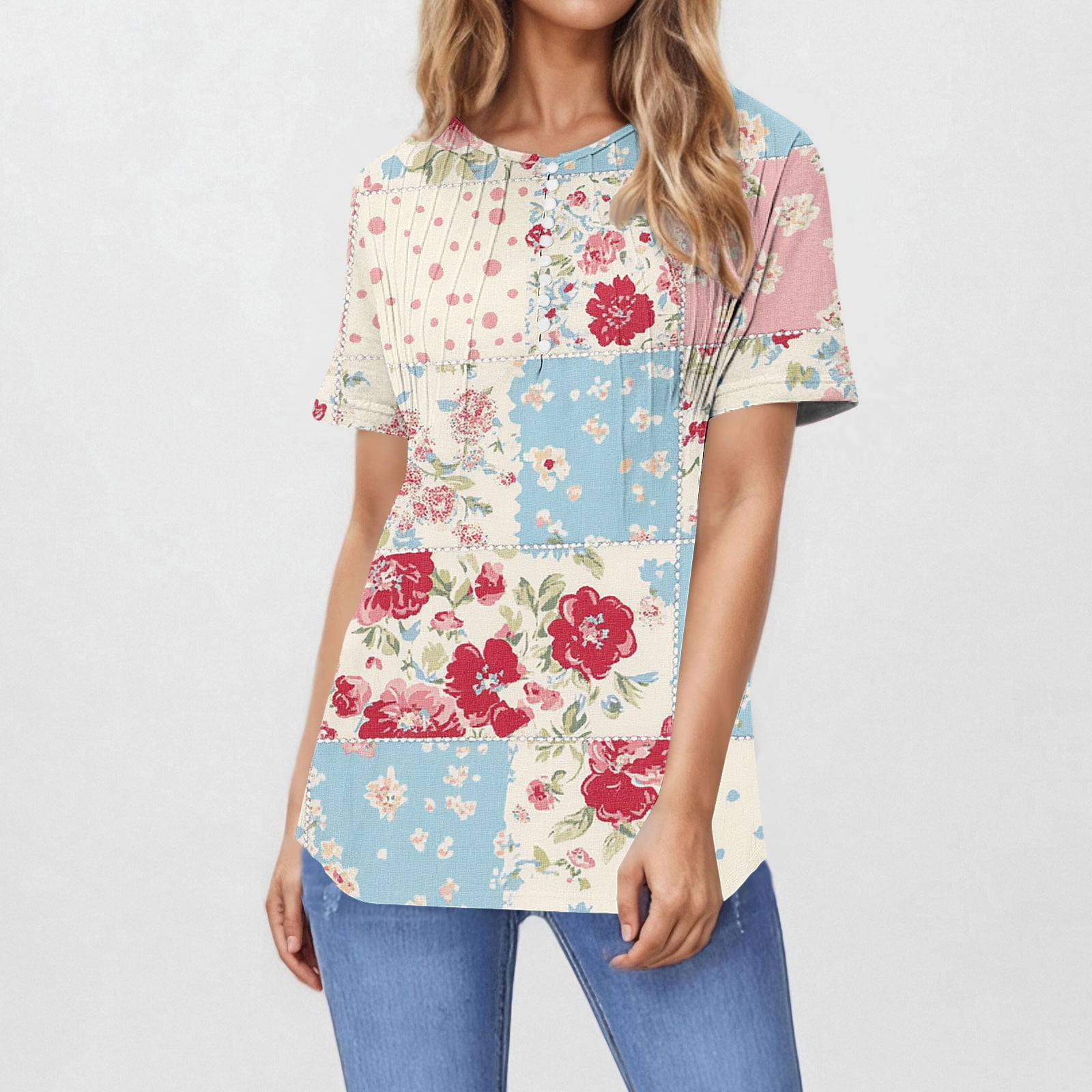 Vibrant Floral Patchwork Blouse Casual Chic Tops with Relaxed Fit ...