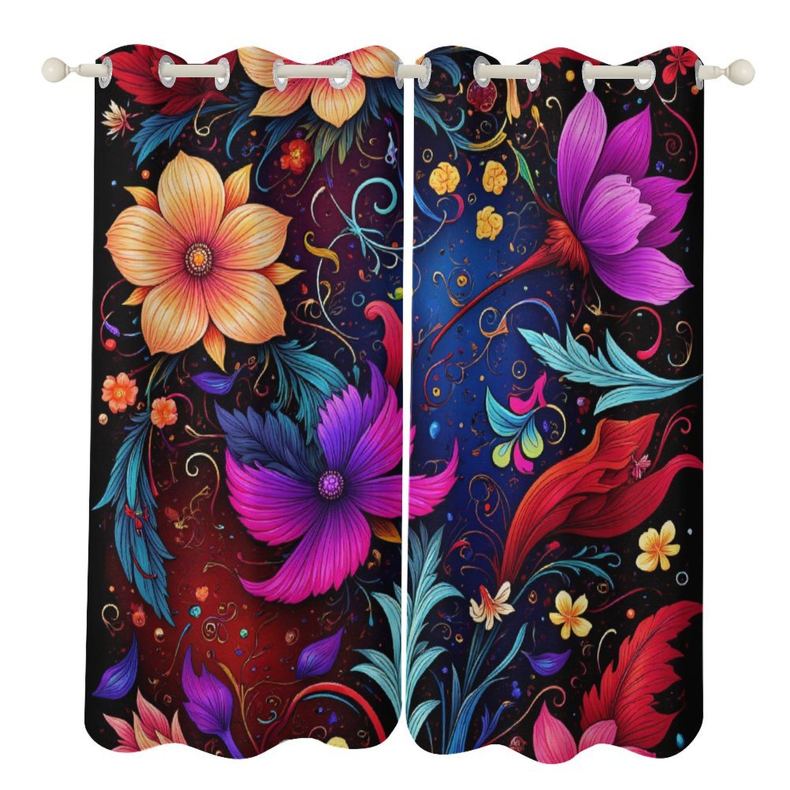 Vibrant Floral Pattern 2 Panels Curtains for Bedroom Living Room Drapes ...