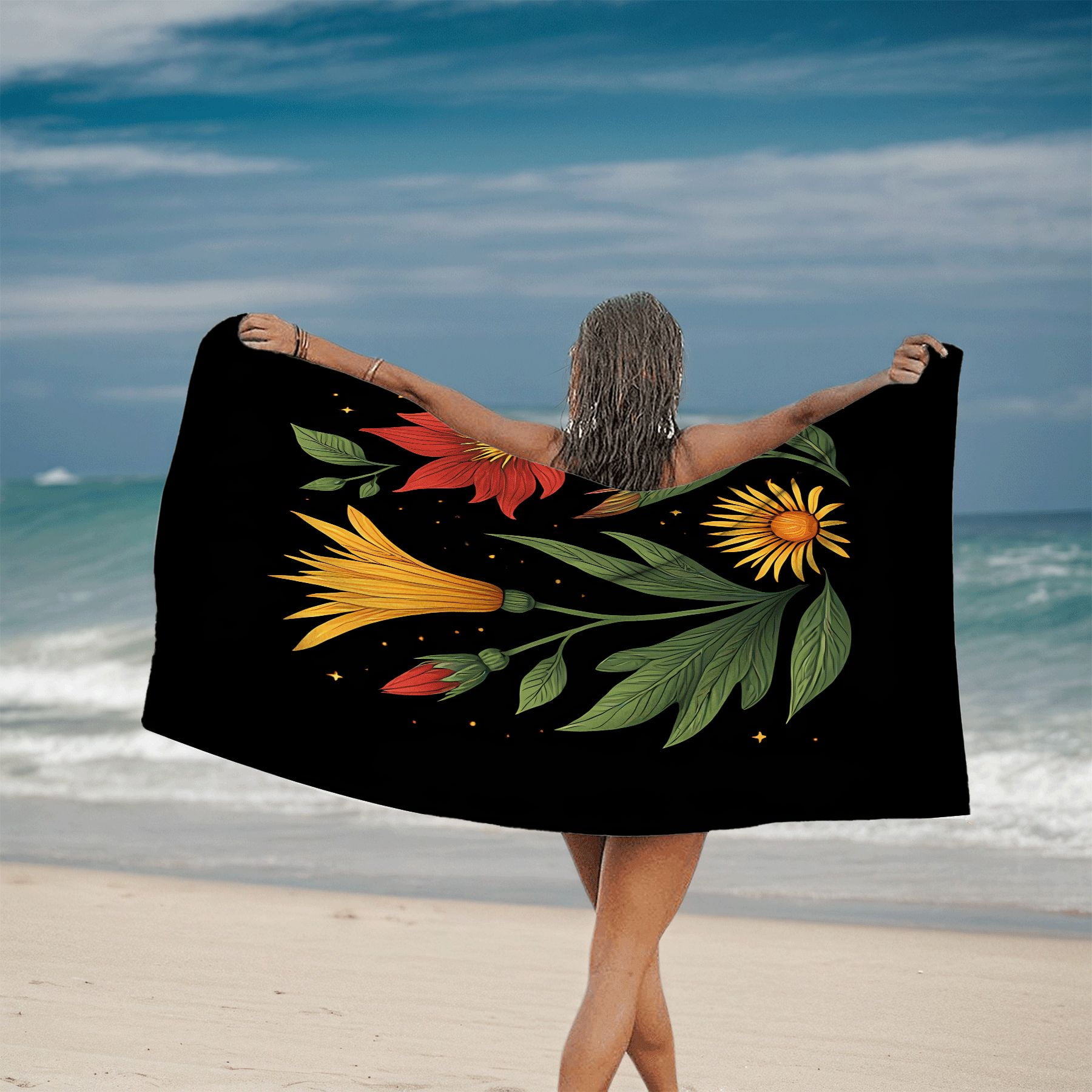 Vibrant Floral Pattern Beach Towel - Large Yellow & Red Flowers Dark ...