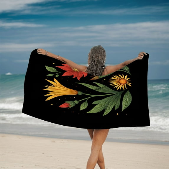 Vibrant Floral Pattern Beach Towel - Large Yellow & Red Flowers Dark ...