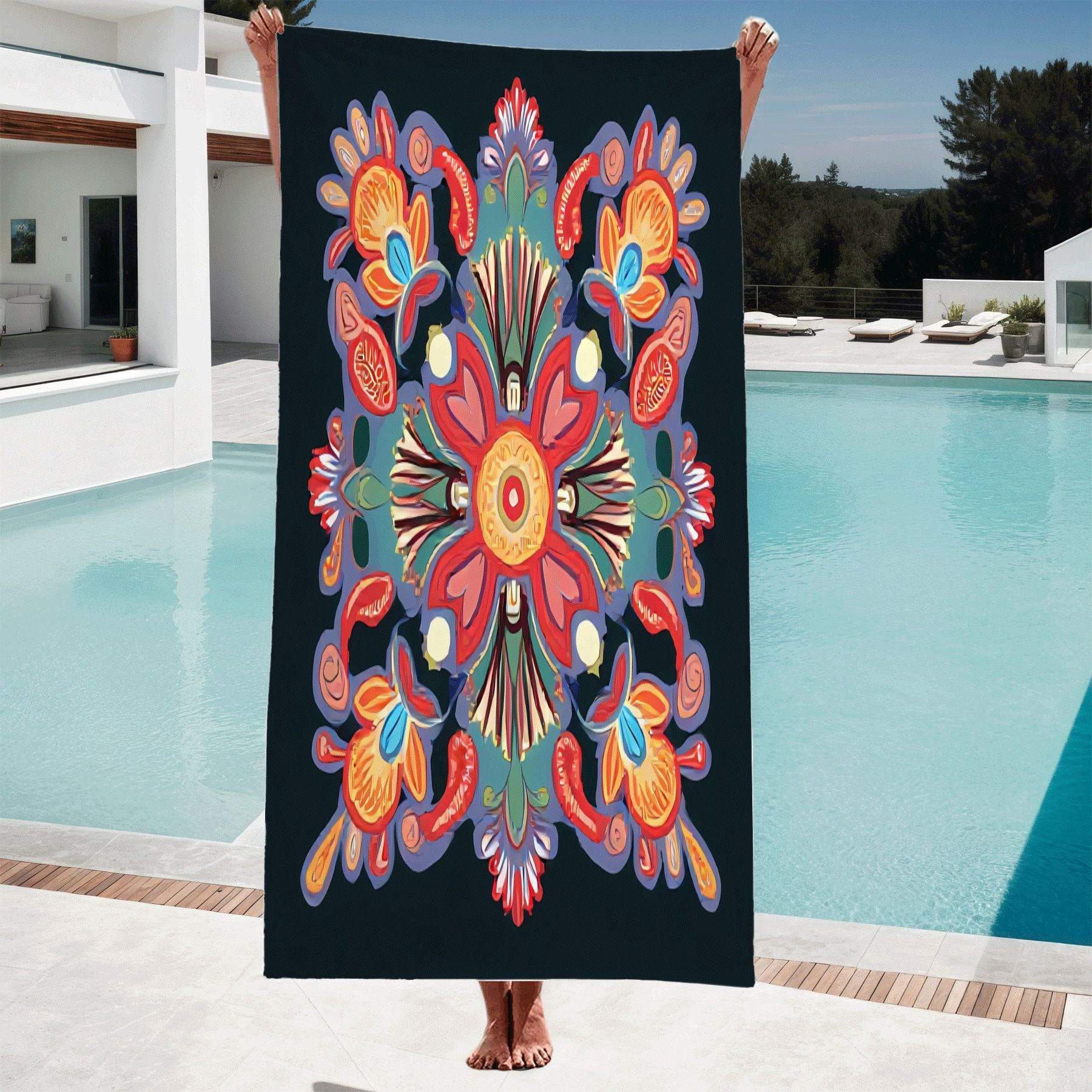 Vibrant Floral Pattern Beach Towel - Symmetrical Design with Red Yellow ...