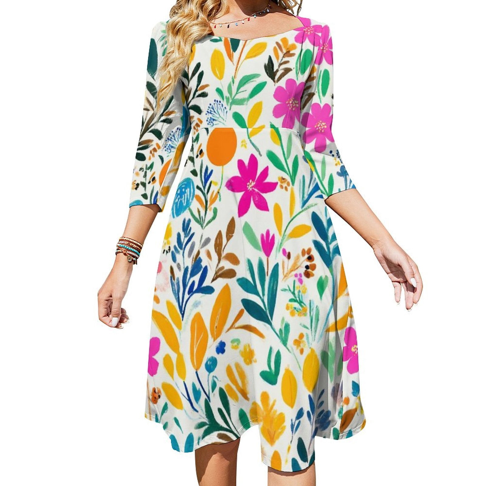 Vibrant Floral Pattern Bright Colors White Background Women's 3/4 ...