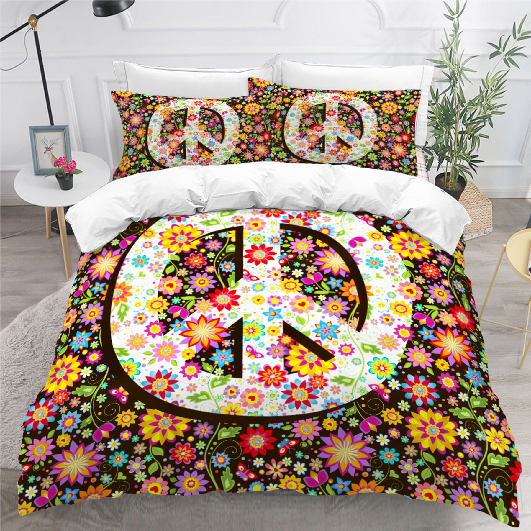 Vibrant Floral Peace Symbol Bedding Set RetroInspired Design for ...