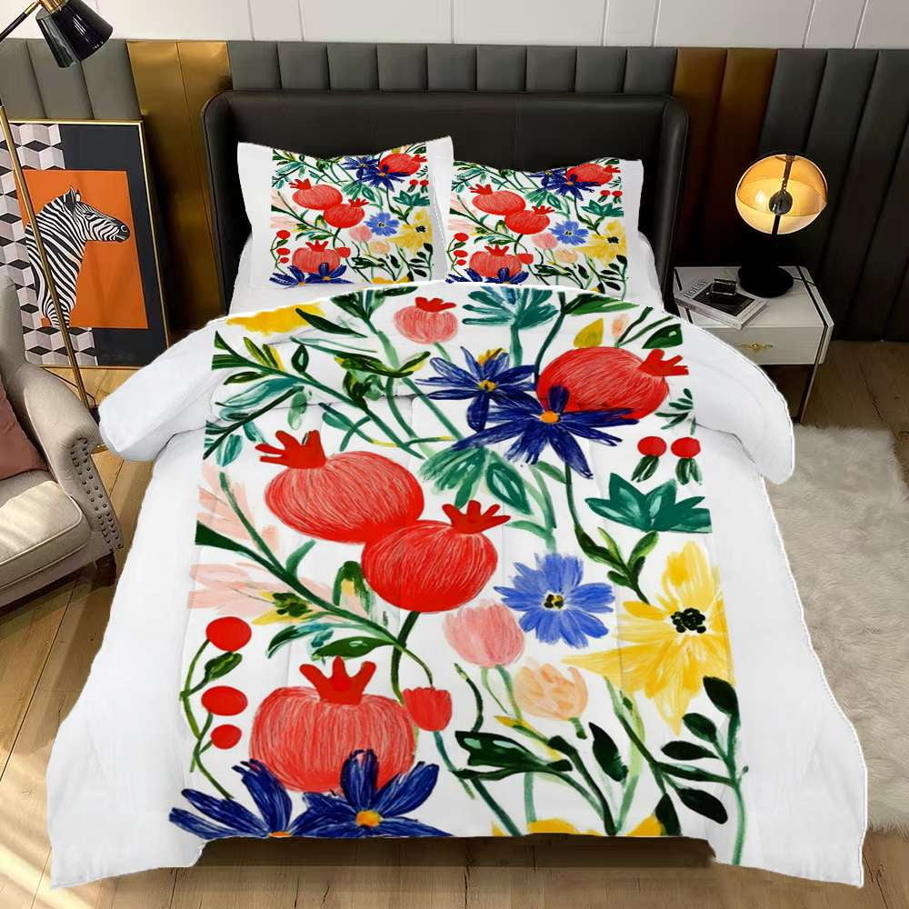 Vibrant Floral Pomegranate Artwork Print Comforter Set Queen Size Bedding Set For Travl Bedroom ...