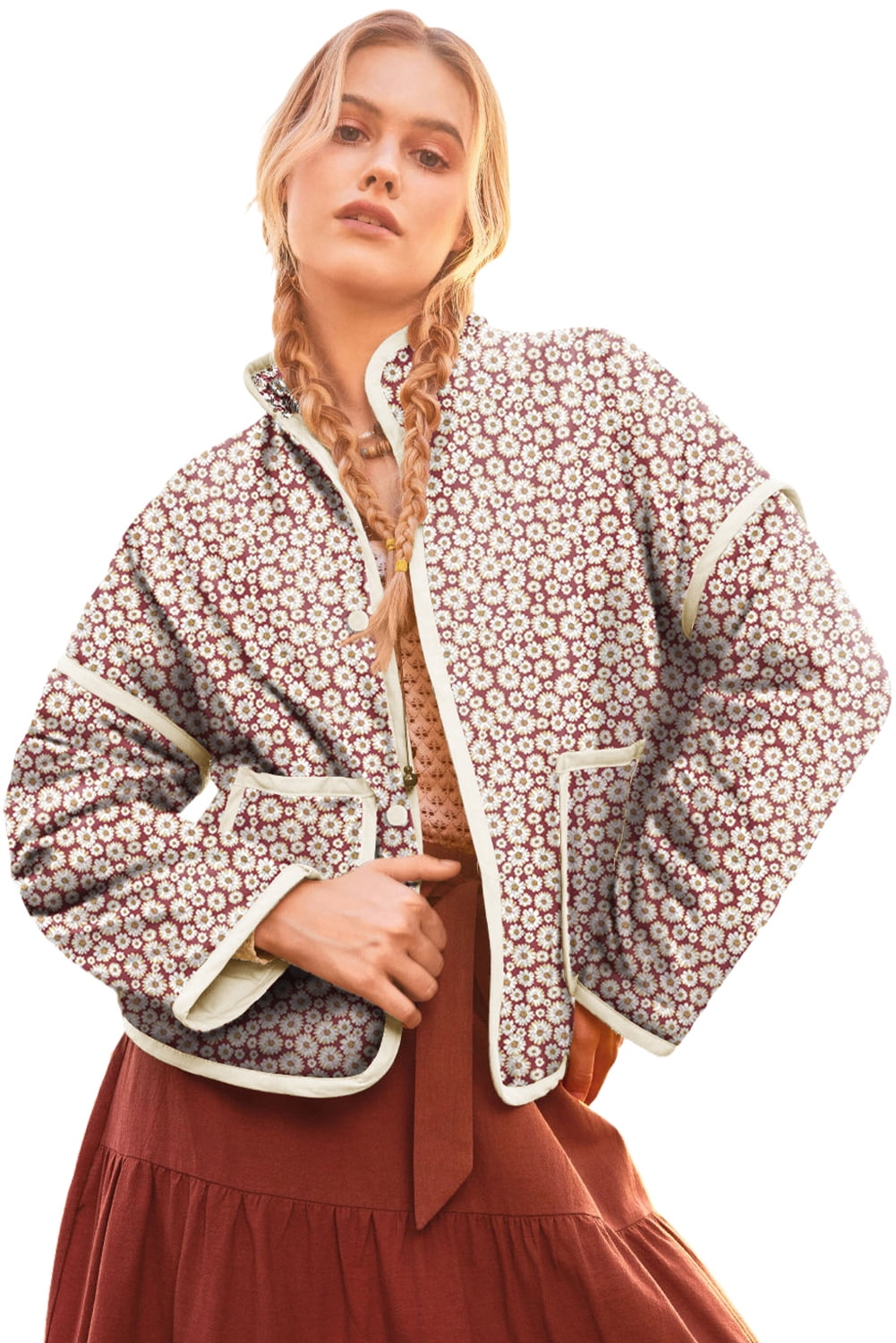 Vibrant Floral Print County-Style Coat - Pink with Contrast Edge Detail ...