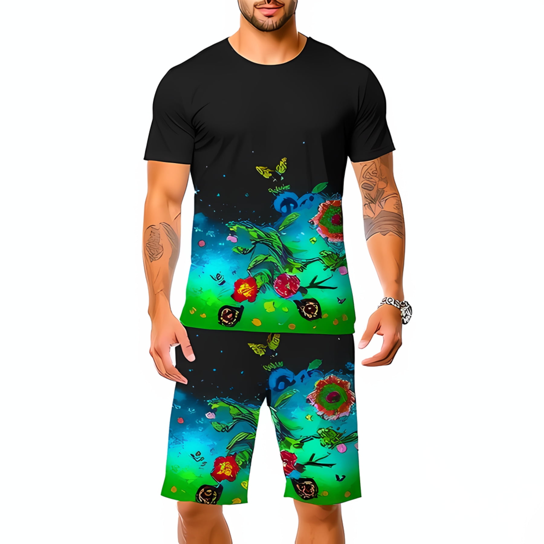 Vibrant Floral Print T-Shirt and Shorts Set for Men - Whimsical Tree & Butterfly Design on Dark ...