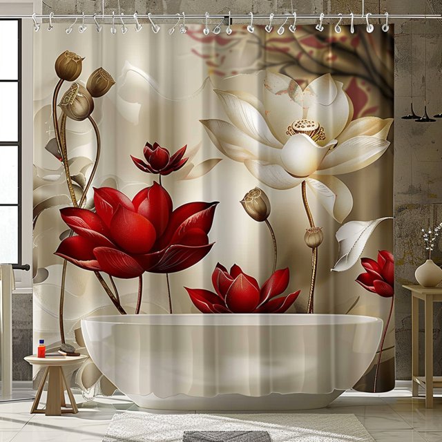 Vibrant Floral Red Lotus Shower Curtain Modern Art Inspired Soft Color