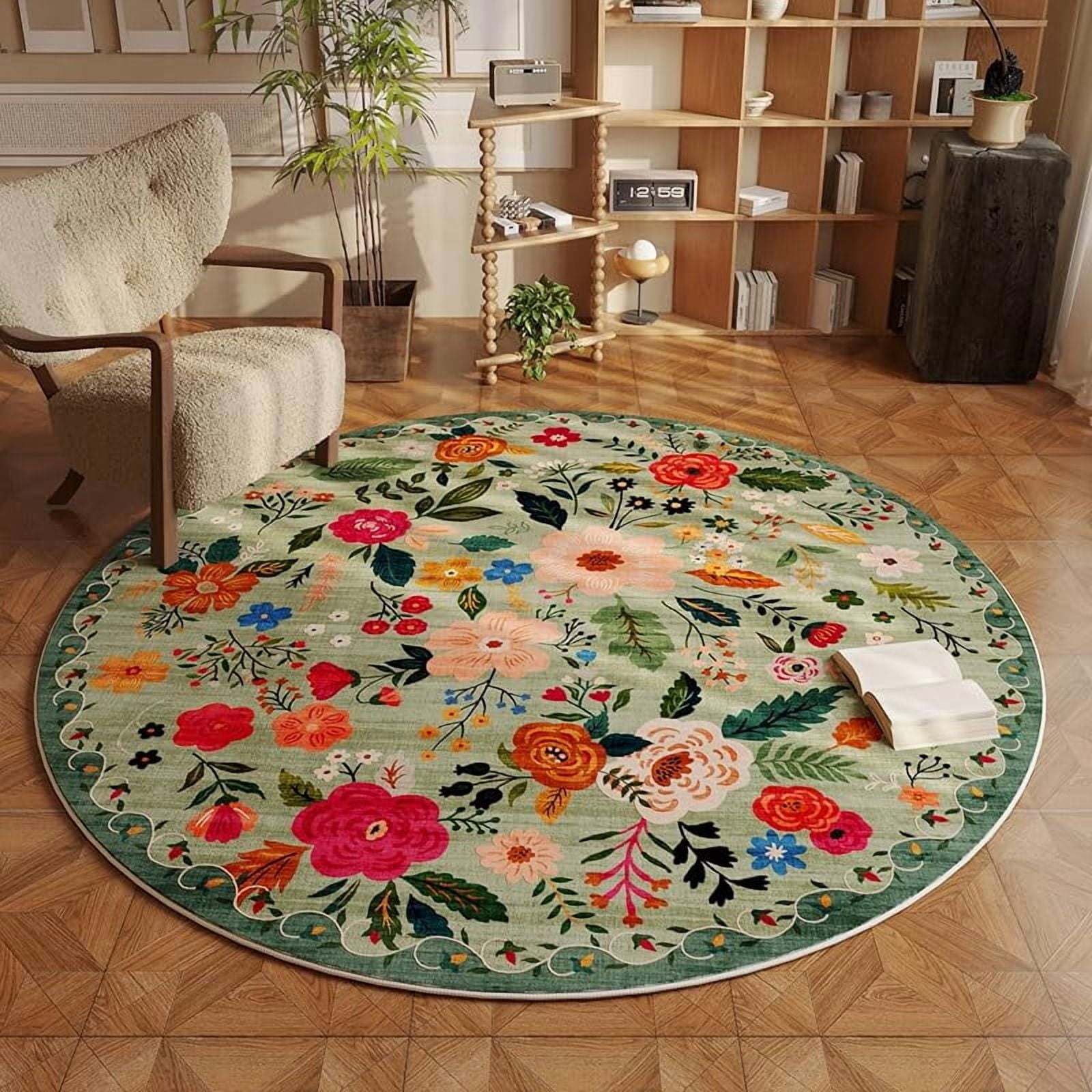 Vibrant Floral Round Velvet Area Rug - Soft & Decorative for Living ...