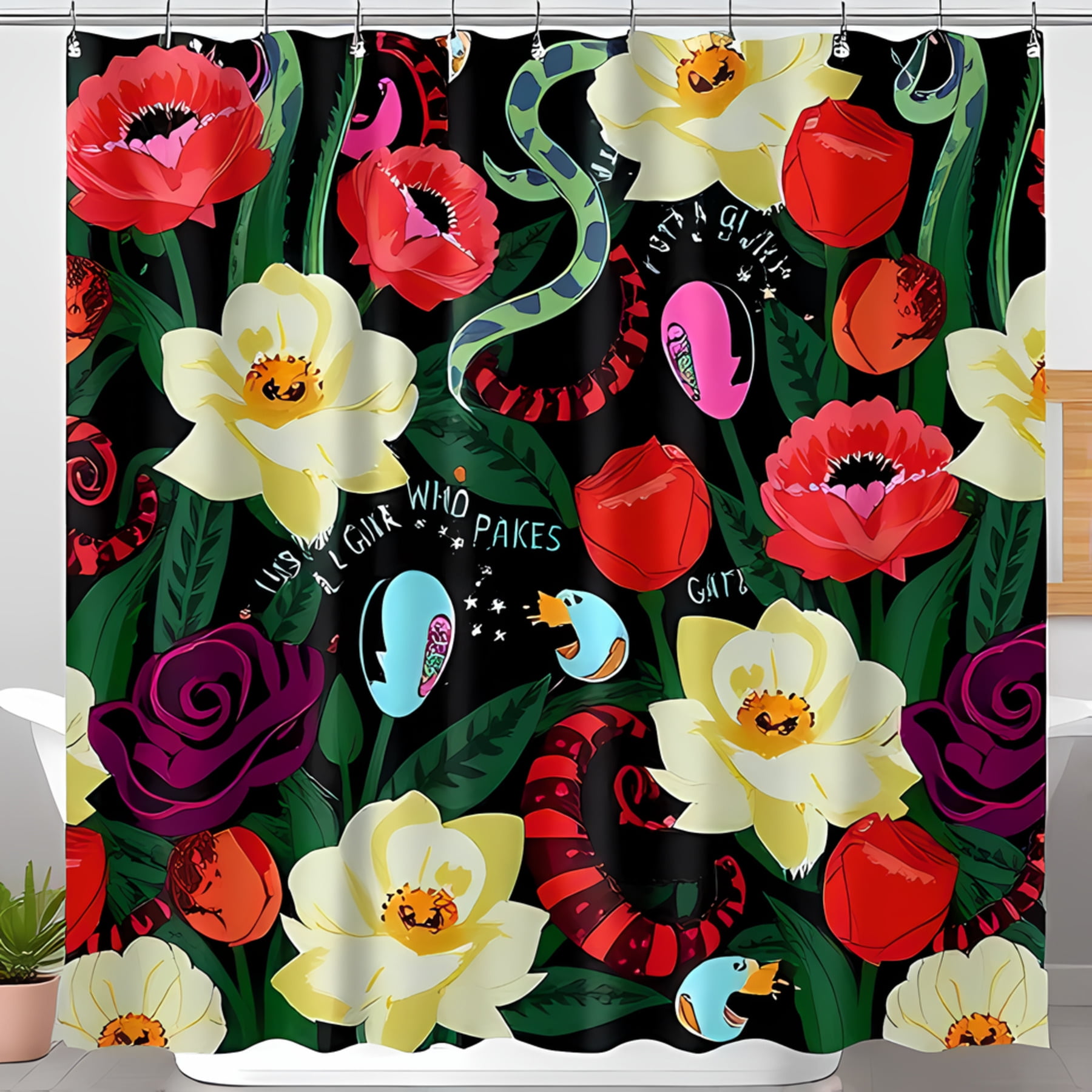 Vibrant Floral & Serpent Shower Curtain - Whimsical Design with Smiling ...