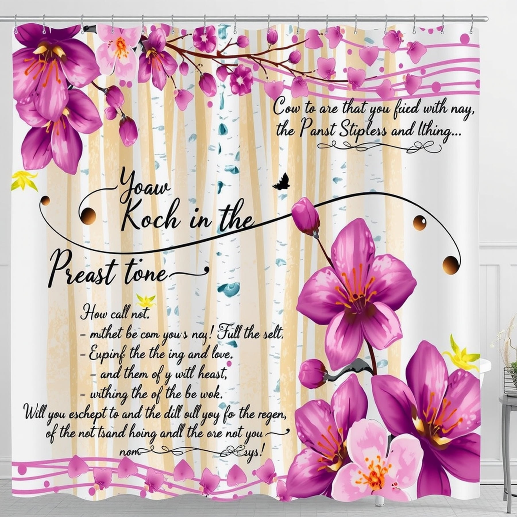 Vibrant Floral Shower Curtain with Birch Tree Design & Whimsical Poem ...