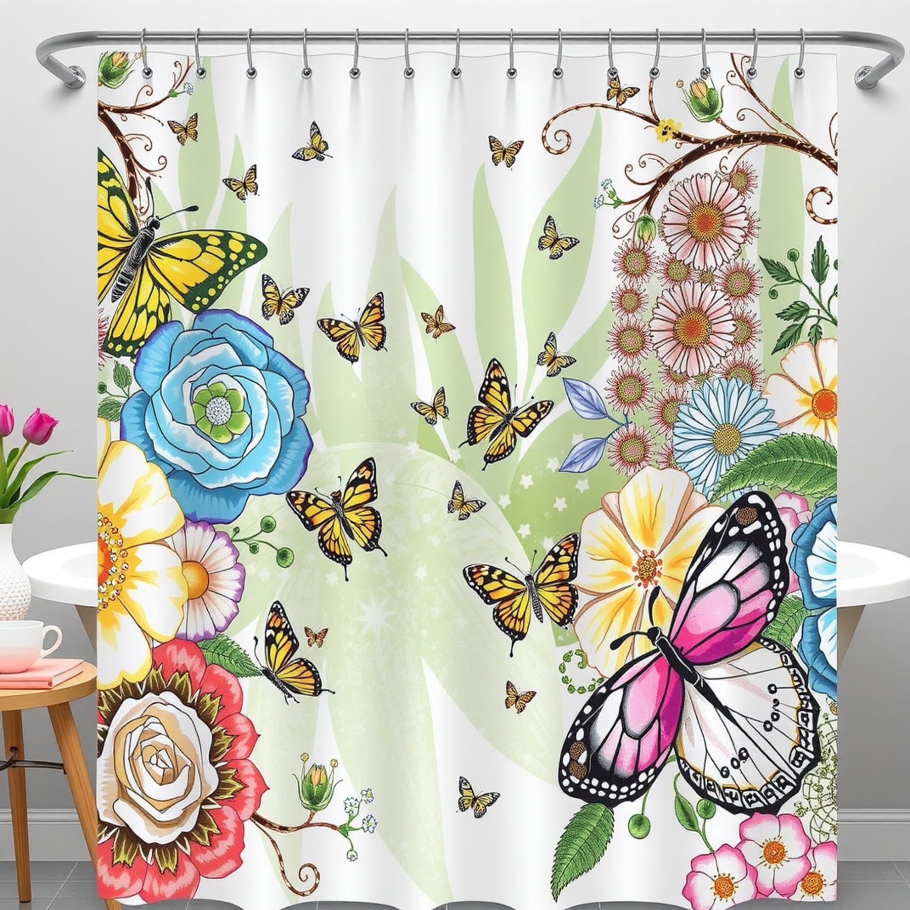 Vibrant Floral Shower Curtain with Butterflies - Garden Design in ...