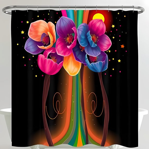 Vibrant Floral Shower Curtain with Flowers & Rainbow Design Dreamy ...