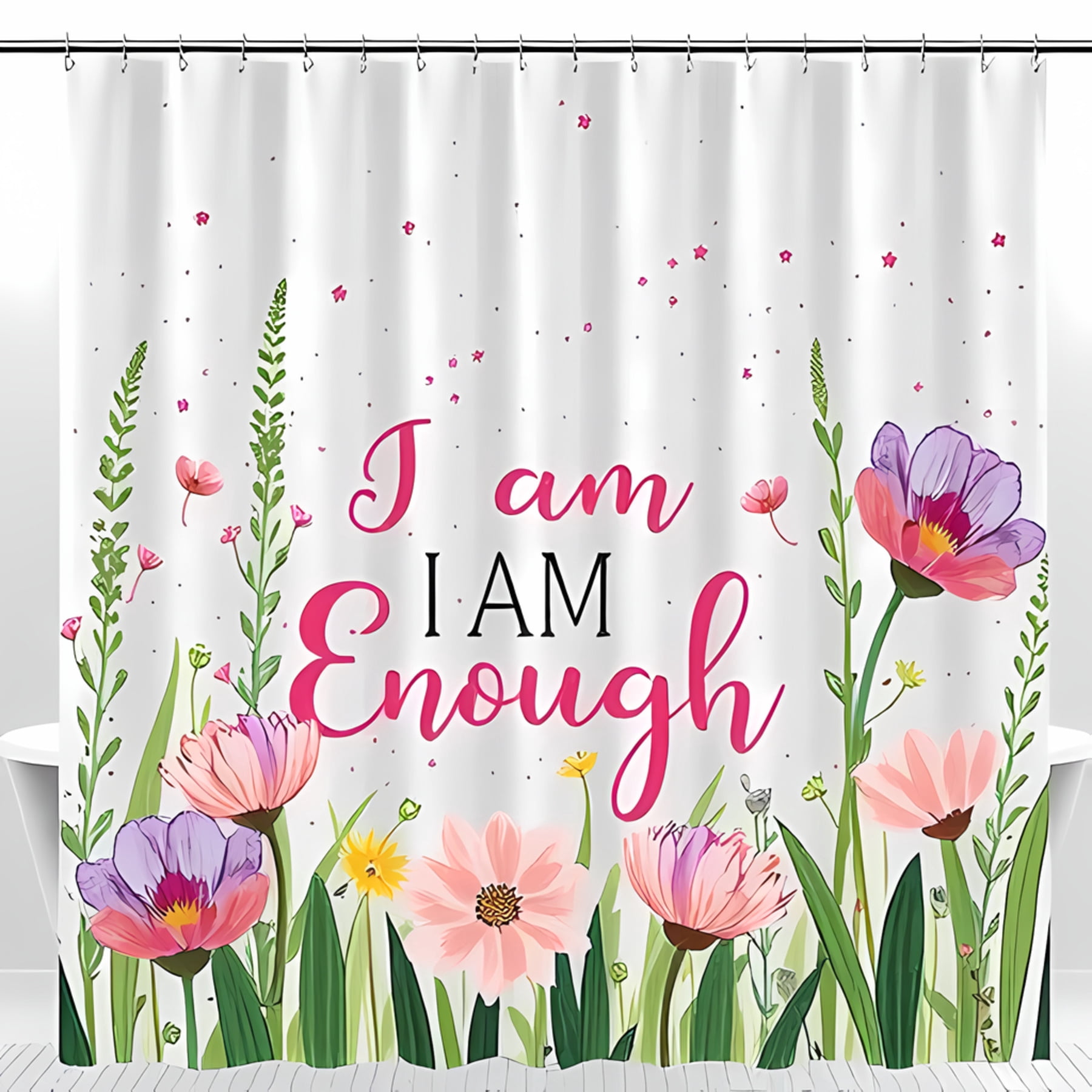 Vibrant Floral Shower Curtain with " I am I AM Enough " in Cursive ...
