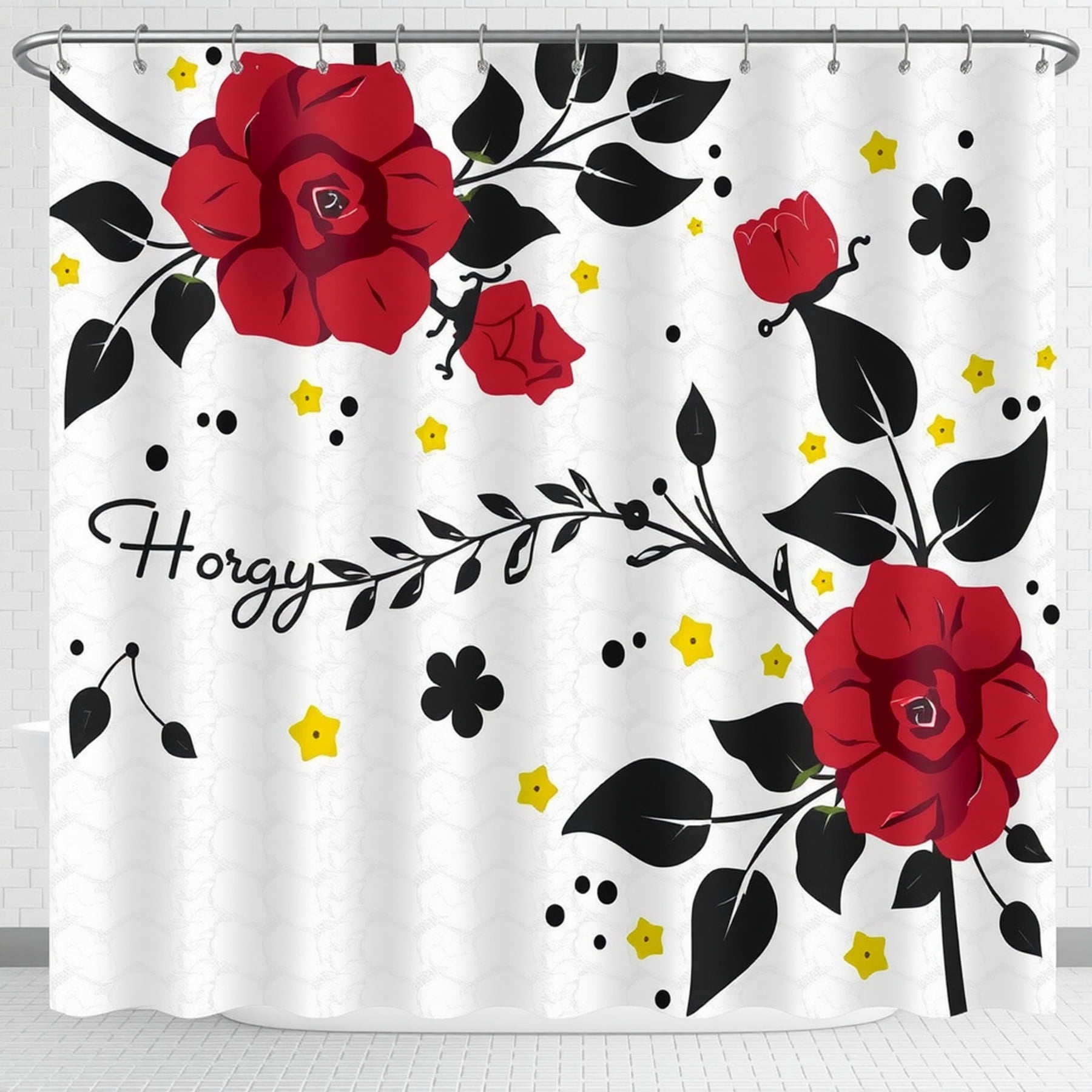 Vibrant Floral Shower Curtain with Red Roses Yellow Stars & Black ...