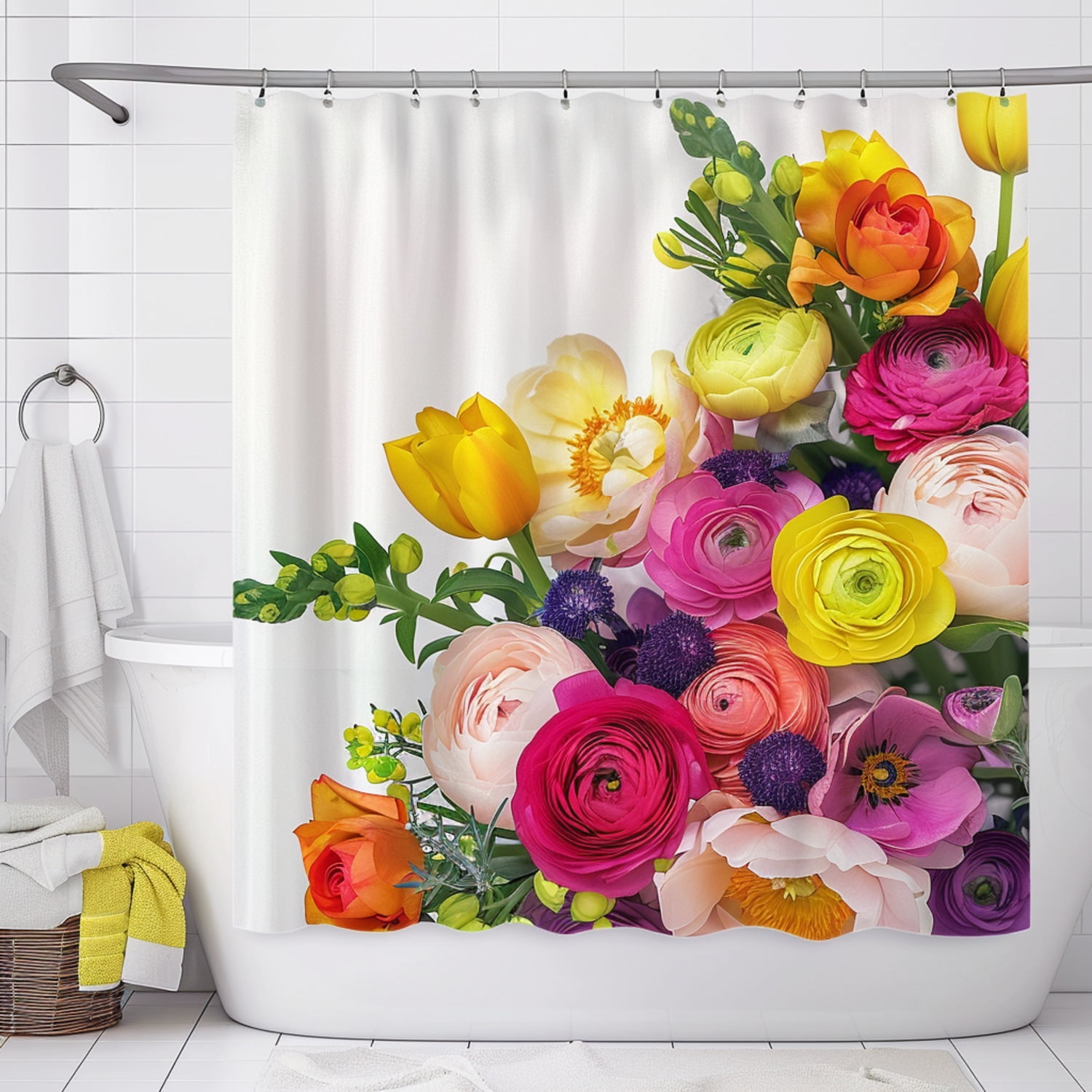 Vibrant Floral Shower Curtain with Yellow Tulips Pink Ranunculus and ...